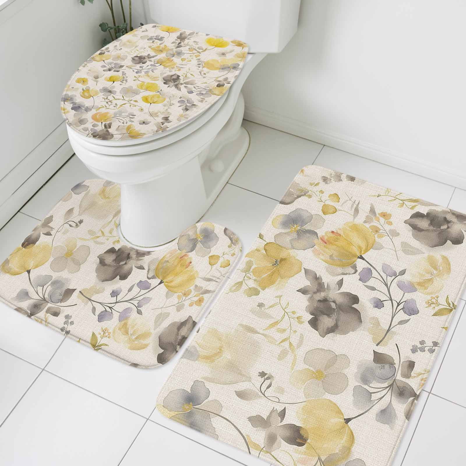 3 Piece Bathroom Rug Set, Yellow Flowers Non Slip Bath Mat with Contour ...