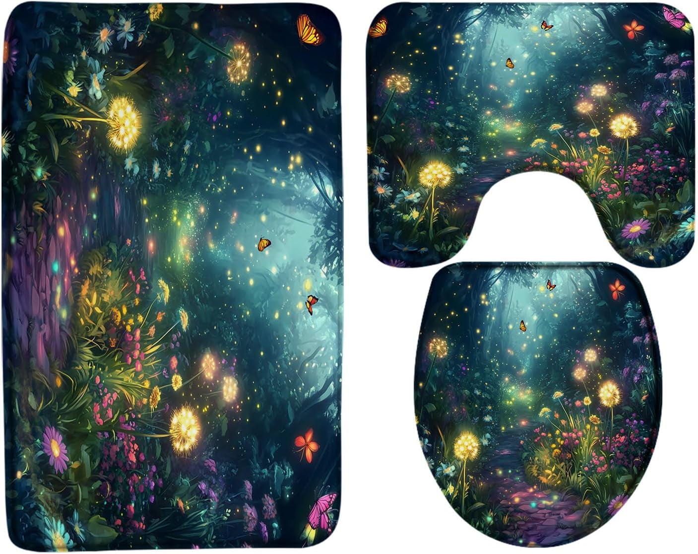3 Piece Bathroom Rugs Bath Mat Set Enchanted Forest Fantasy Floral ...