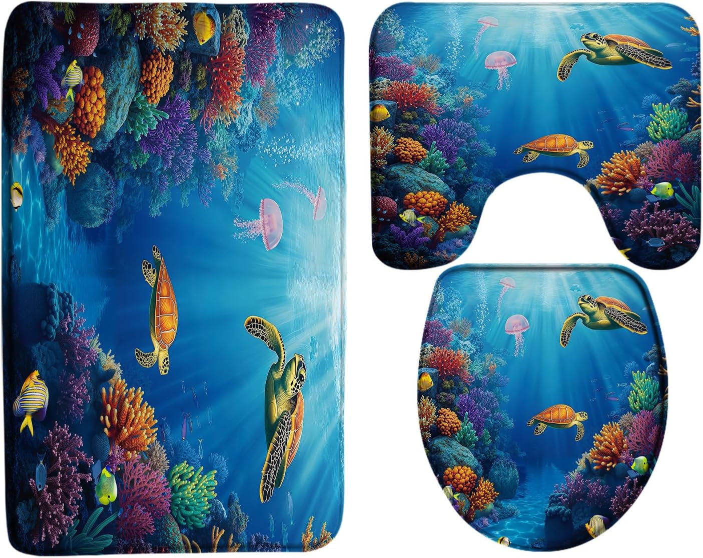 3 Piece Bathroom Rugs Bath Mat Set Sea Turtle Ocean Nautical Beach Blue ...