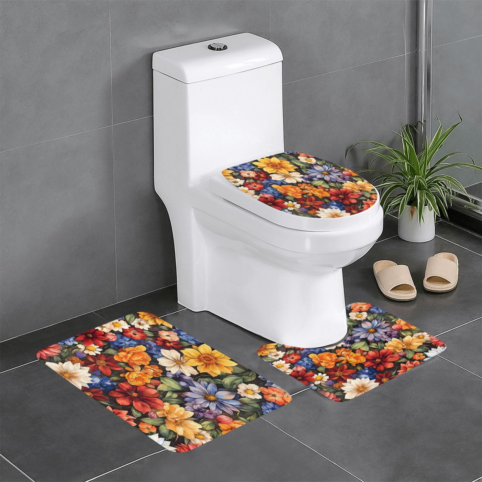 3 Piece Bathroom Rugs Set Flannel Non-Slip U-Shaped Mat For Toilet ...
