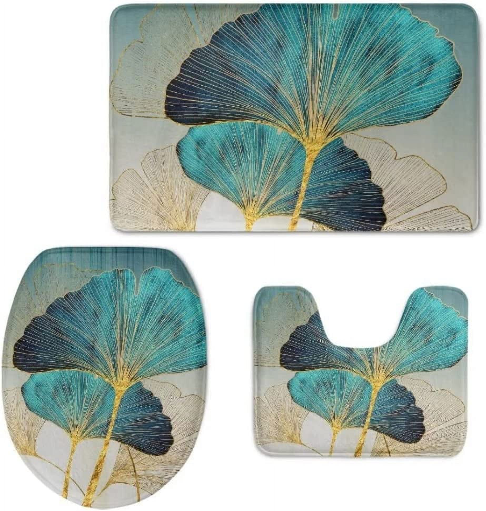 Fan Flower Bath Rug Mat Set 3 Pieces Green Warm Bath Carpet + U-Shaped ...