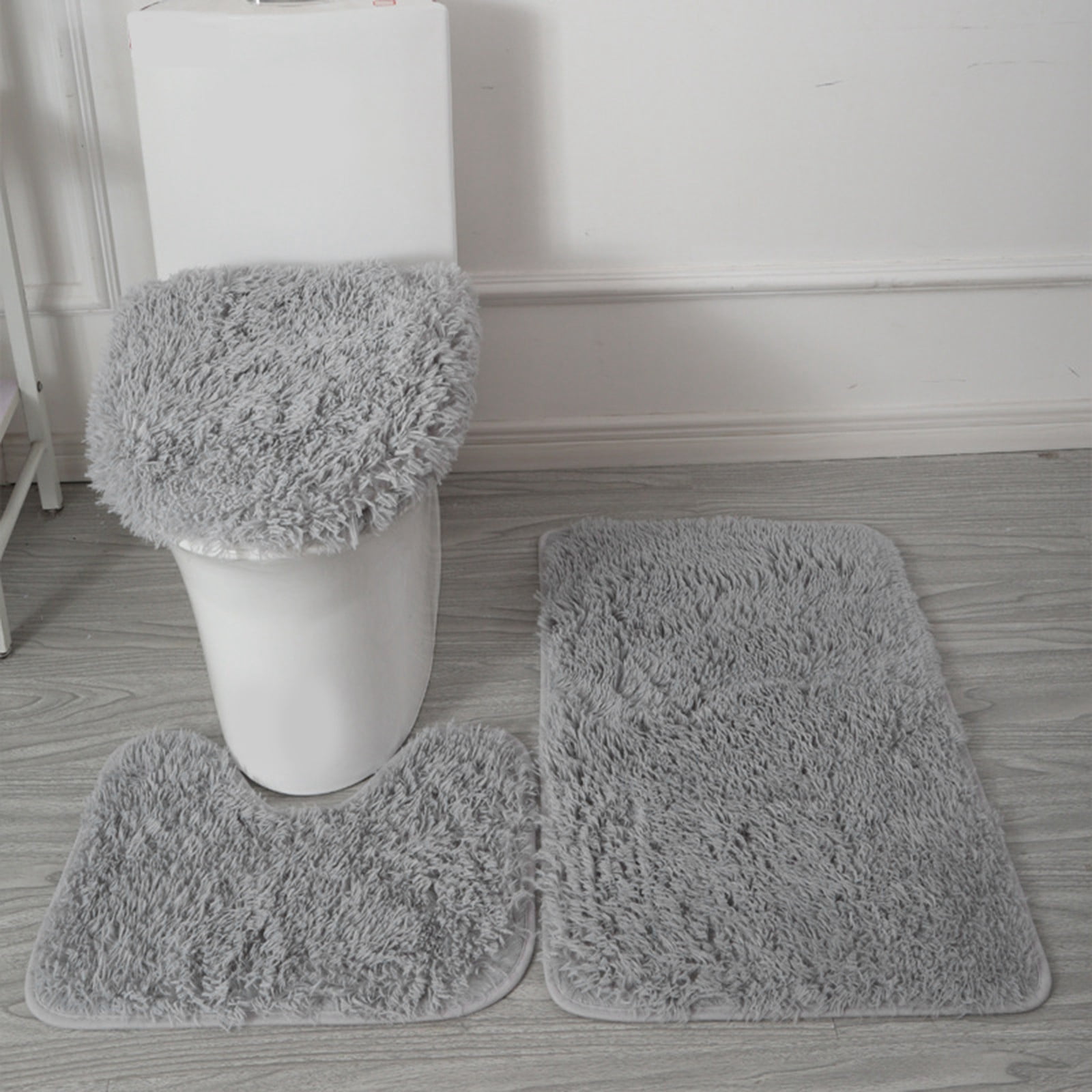 3-Piece Bathroom Set With Floor Mat Toilet Lid Cover And Bathmat, Plain ...