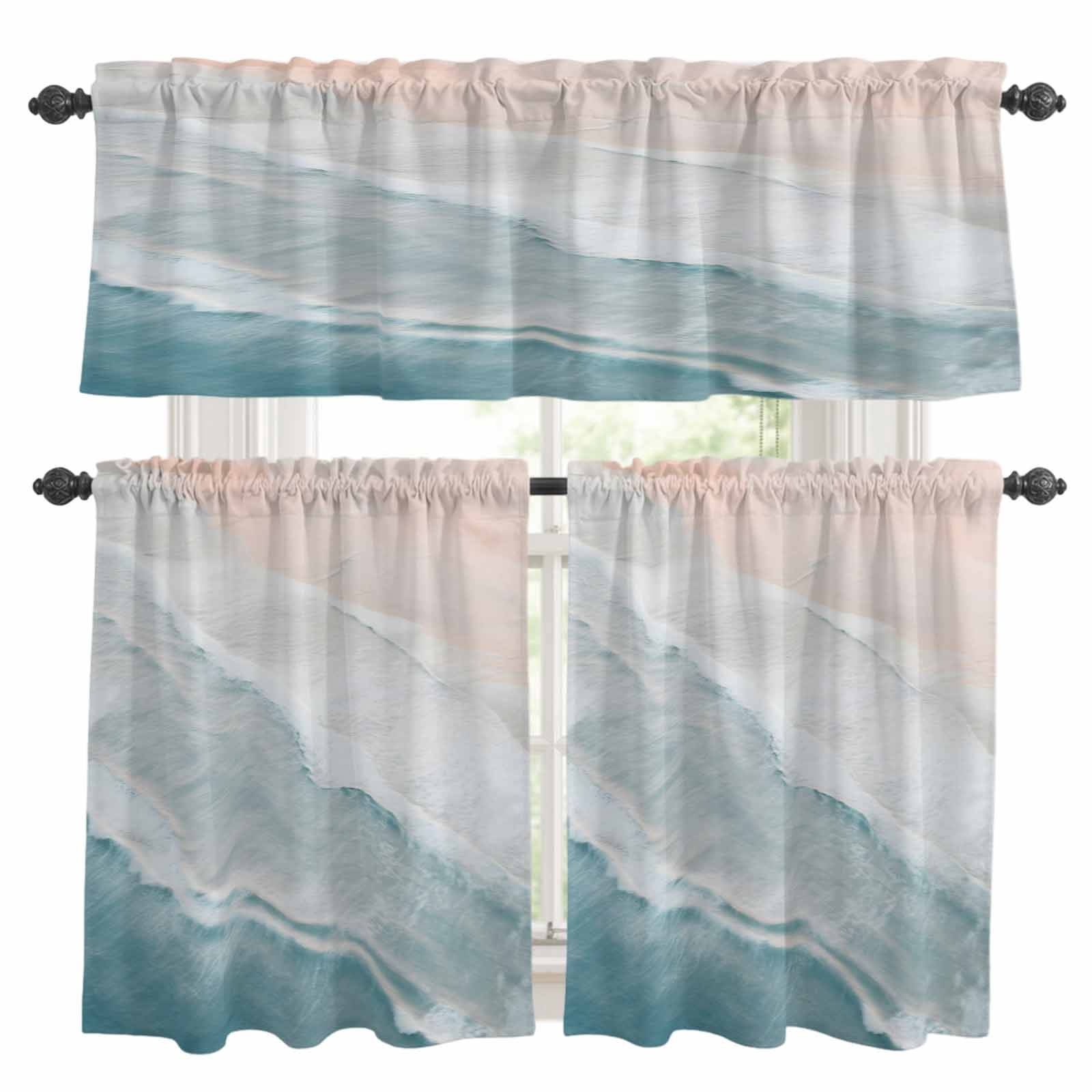3 Piece Beach Blue Kitchen Curtain Valance and Tiers Set Beige Gradient ...