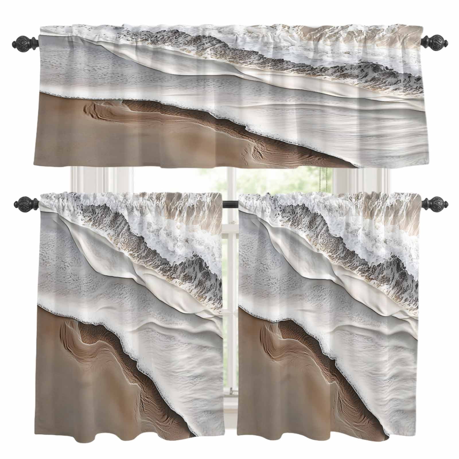 3 Piece Beach Ocean Wave Kitchen Curtain Valance and Tiers Set Abstract ...