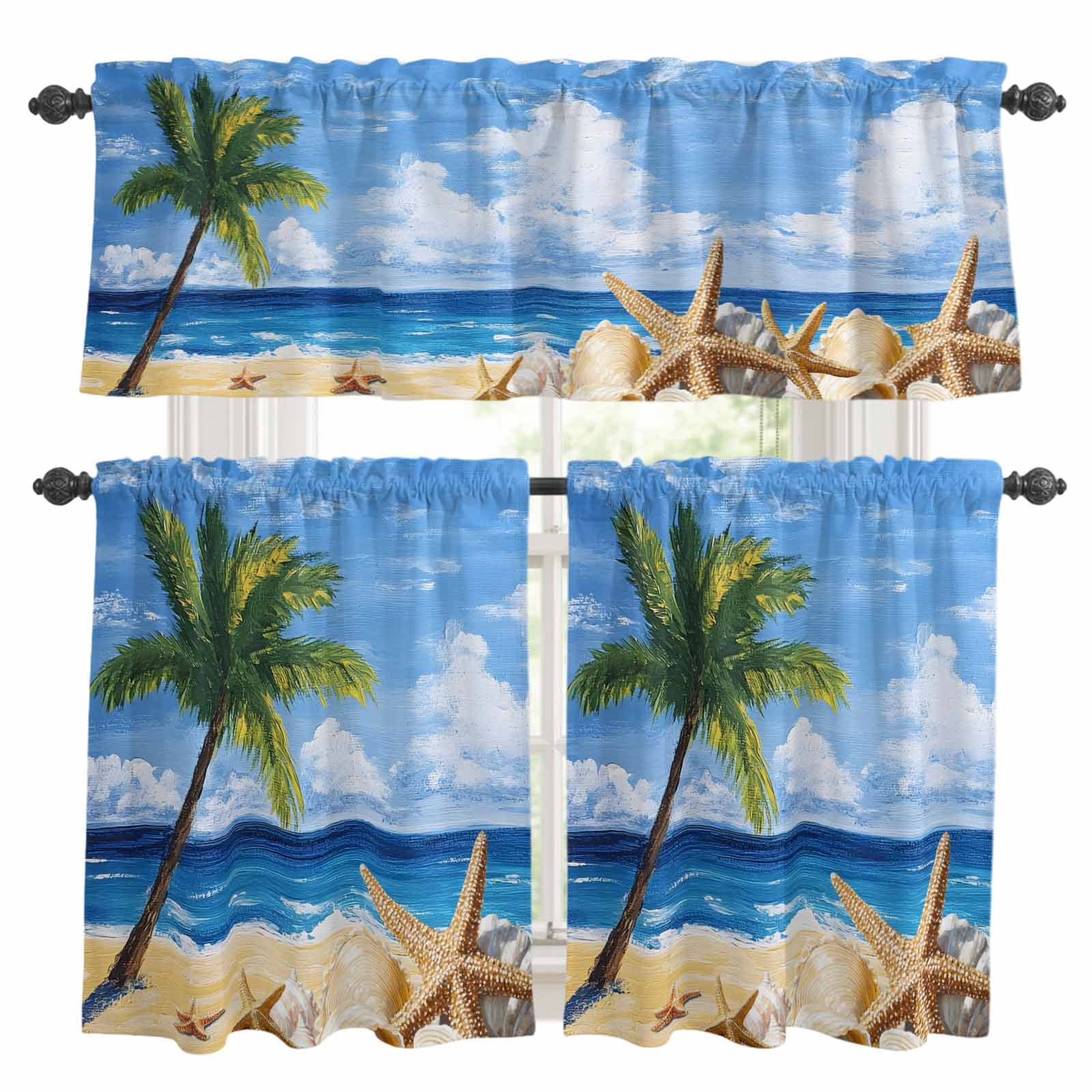 3 Piece Beach Palm Kitchen Curtain Valance and Tiers Set Tree Summer ...