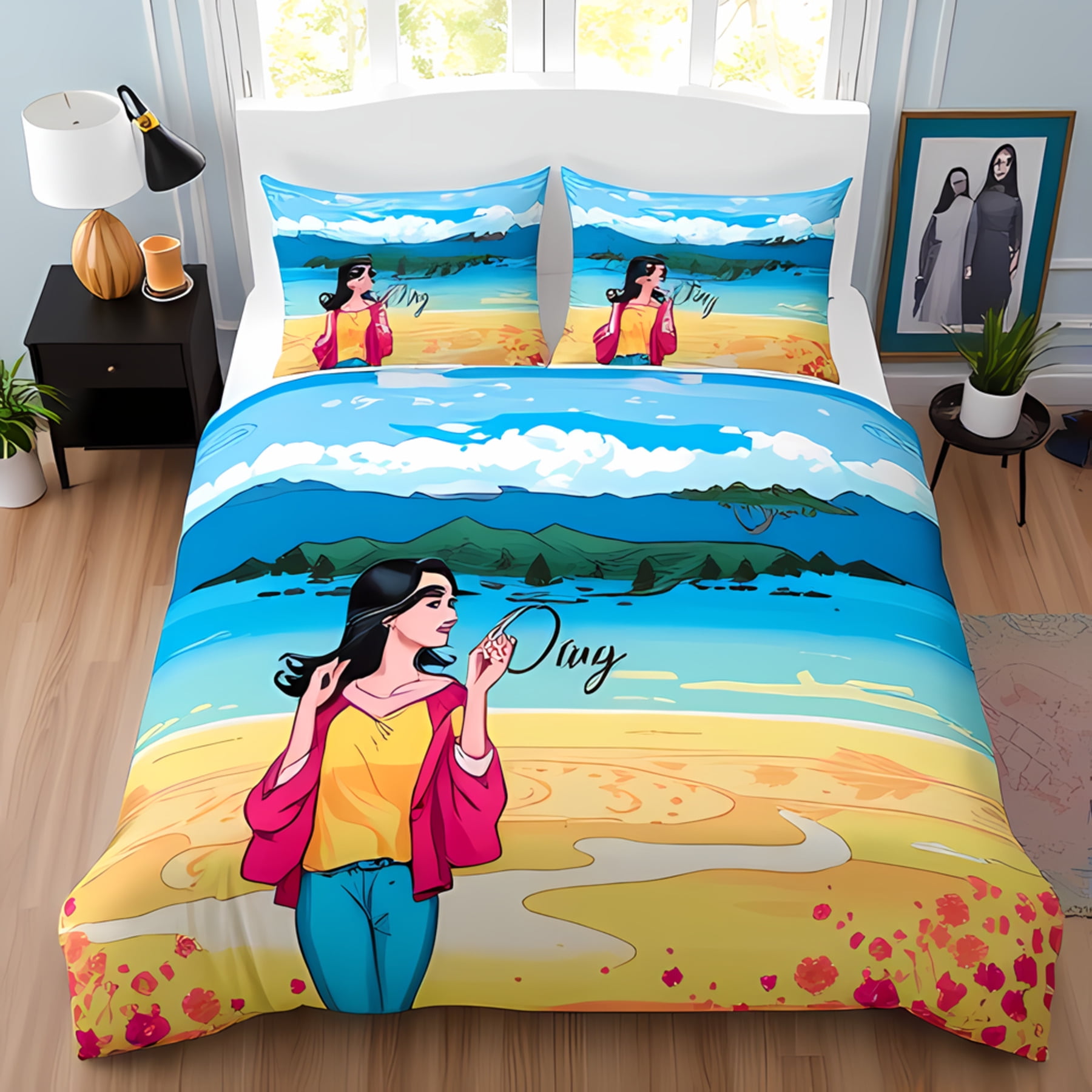 3-Piece Beach Scene Duvet Cover Set with Vibrant Bedding Includes ...