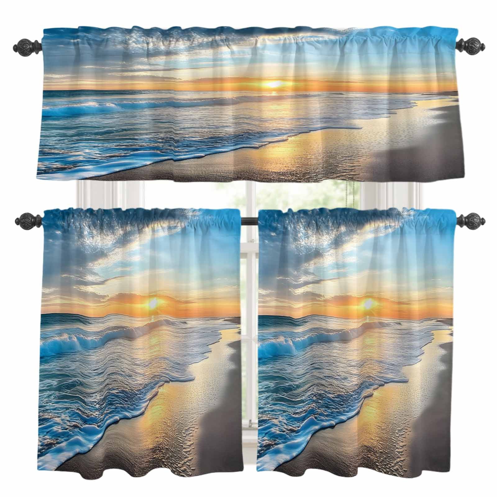 3 Piece Beach Sunset Kitchen Curtain Valance and Tiers Set Ocean Spray ...