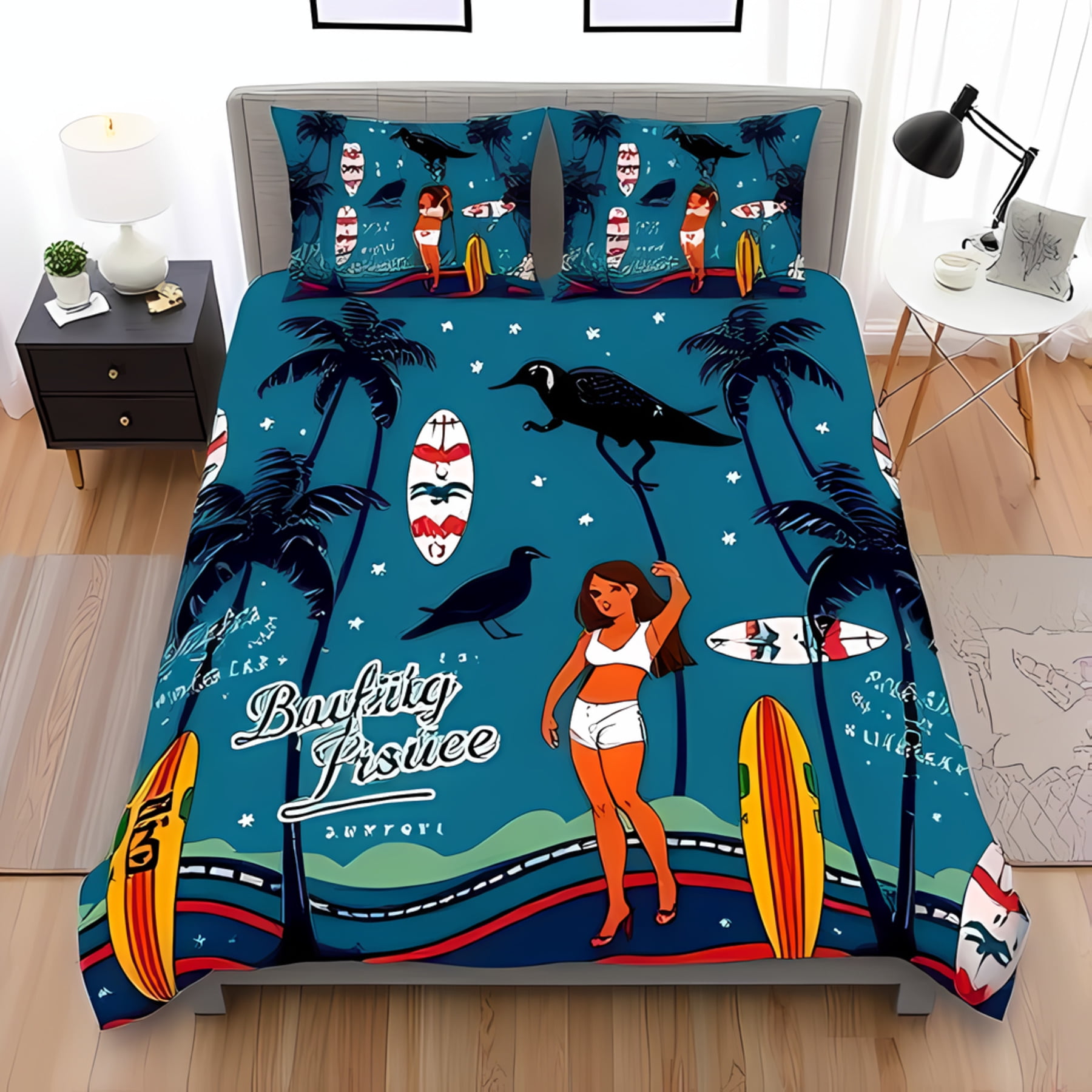 3-Piece Beach Themed Duvet Cover Set with Trees & Surfboards - Vibrant ...
