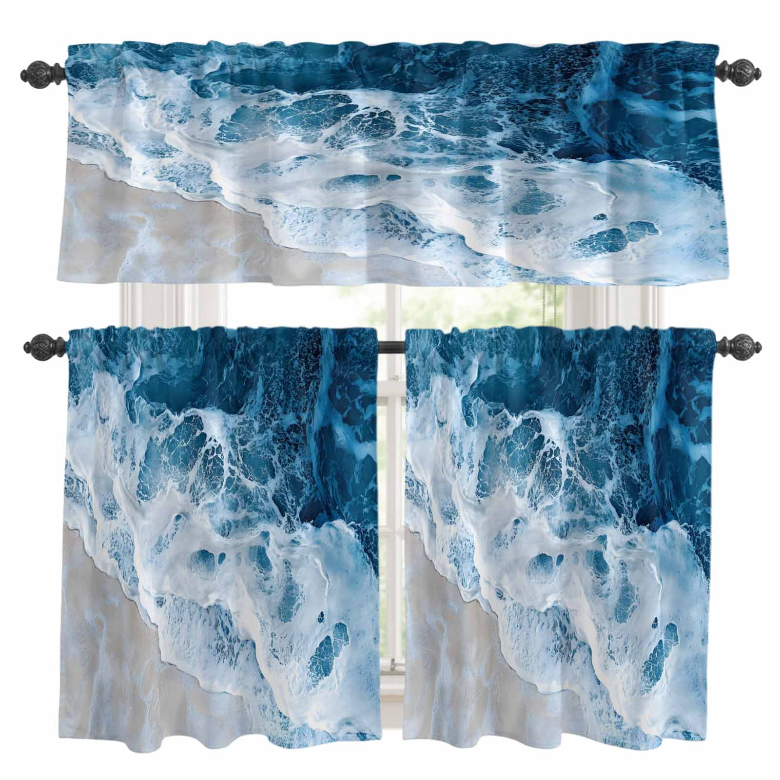 3 Piece Beach Wave Modern Art Kitchen Curtain Valance and Tiers Set ...