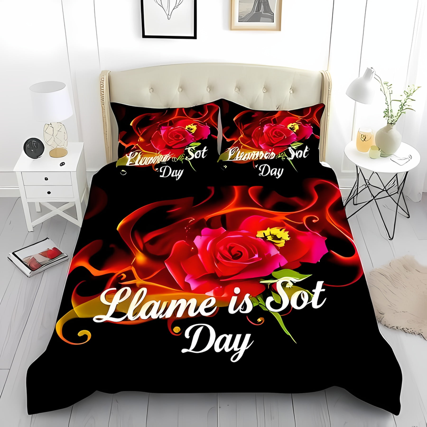 3-Piece Bedding Set: Fiery Red Rose & Flames Duvet Cover with Matching ...