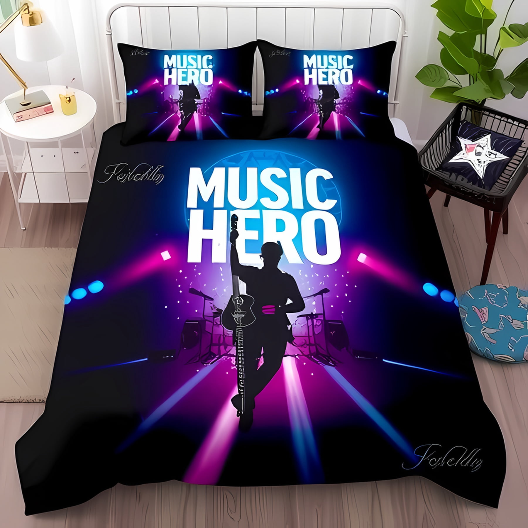 3-Piece Bedding Set - Music Hero Duvet Cover & Pillowcases Vibrant ...