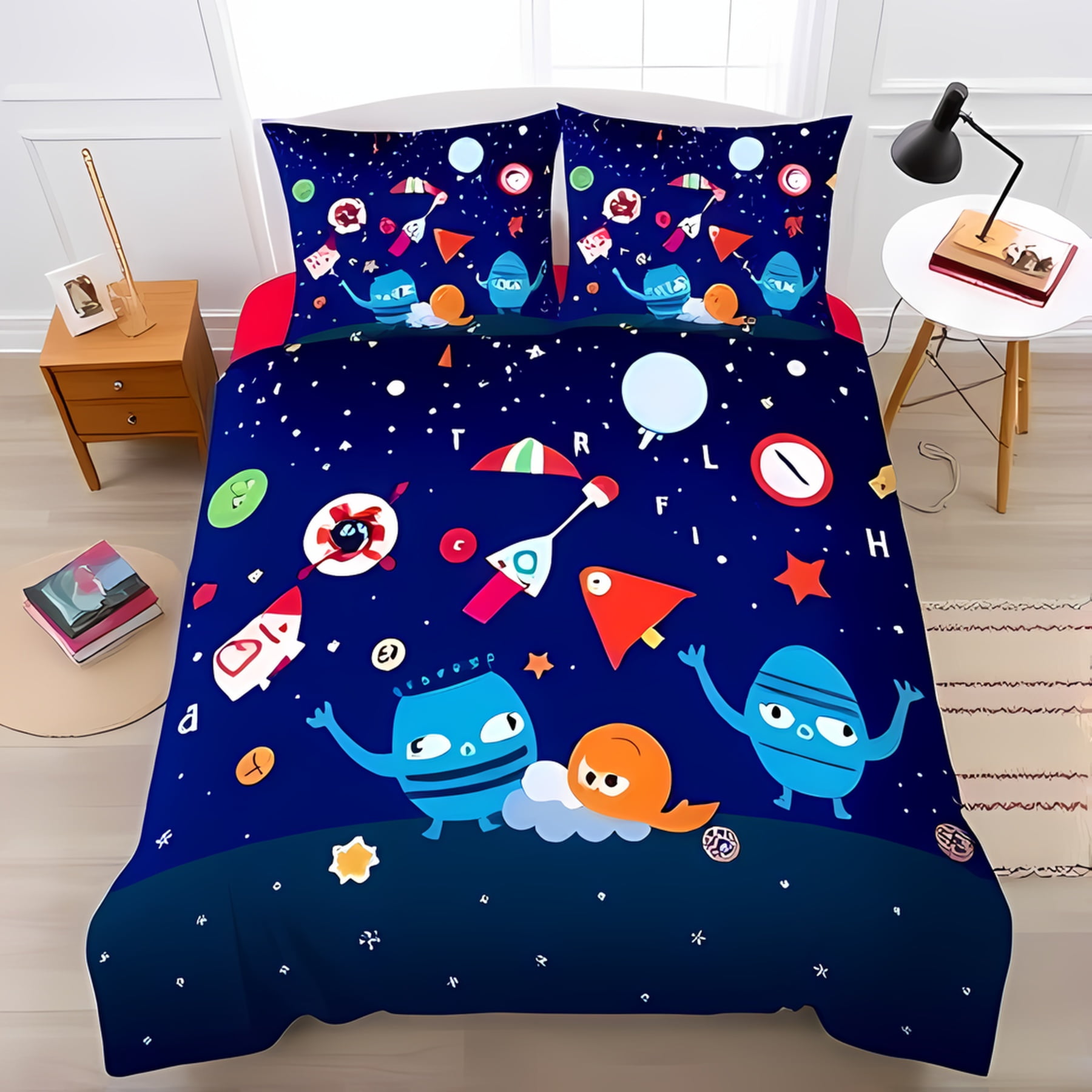 3-Piece Bedding Set - Navy Blue Duvet Cover & Pillowcases with Fun ...