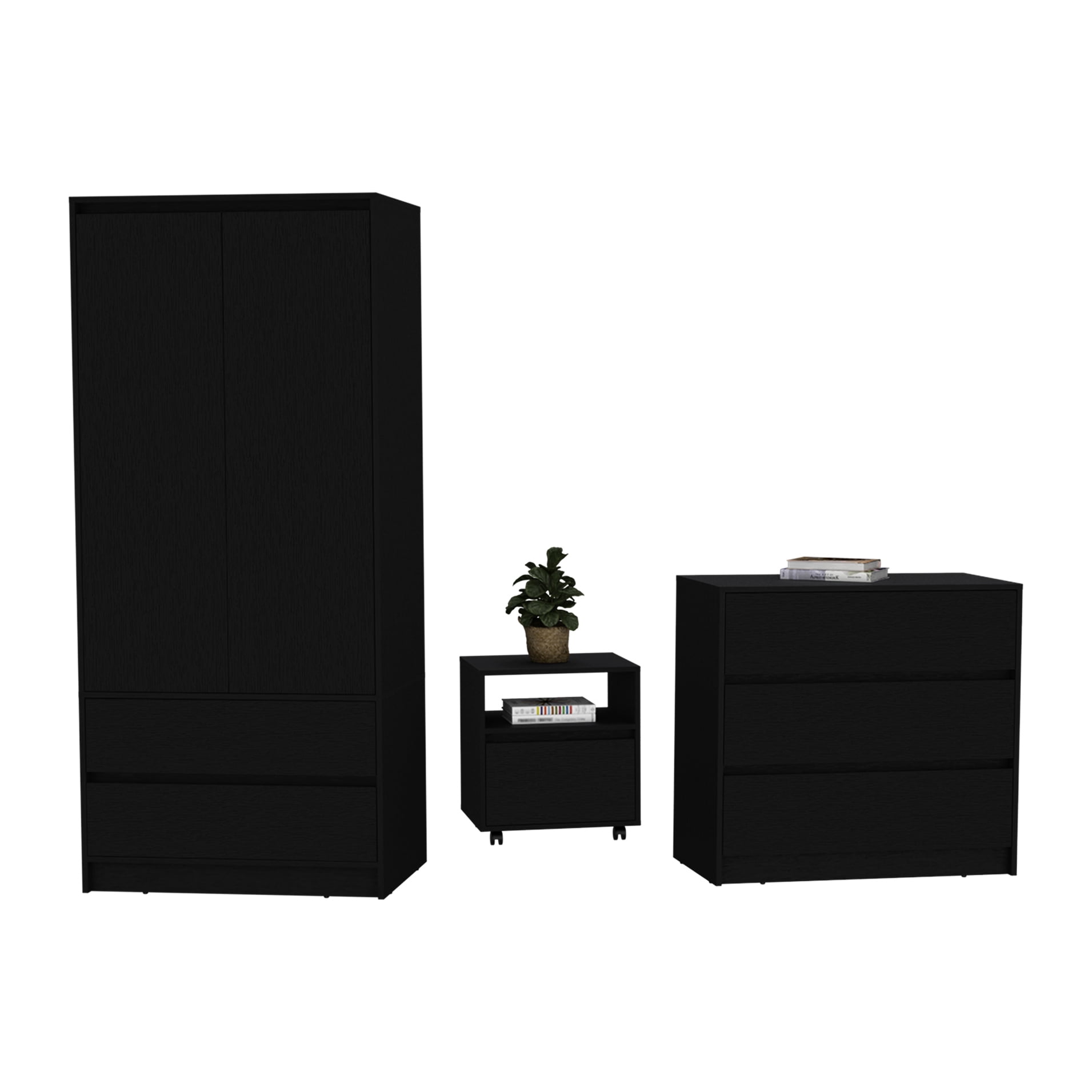 3 Piece Bedroom In Black - Nightstand With Mobile , Dresser, . One ...
