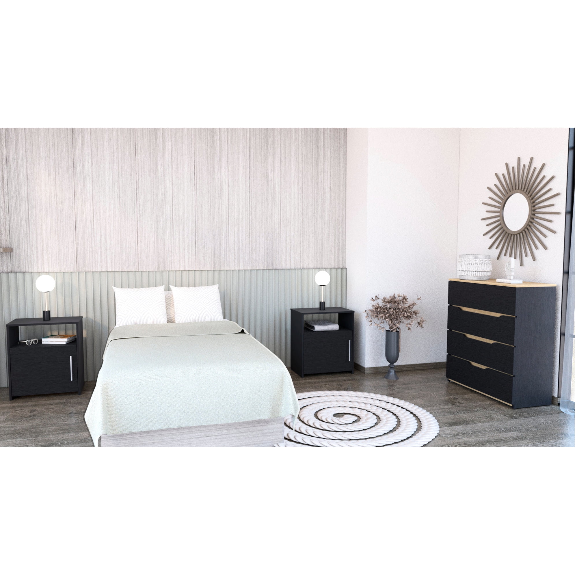 3 Piece Bedroom Furnishing : Drawer Dresser, 2 Nightstands. Black/ Oak ...