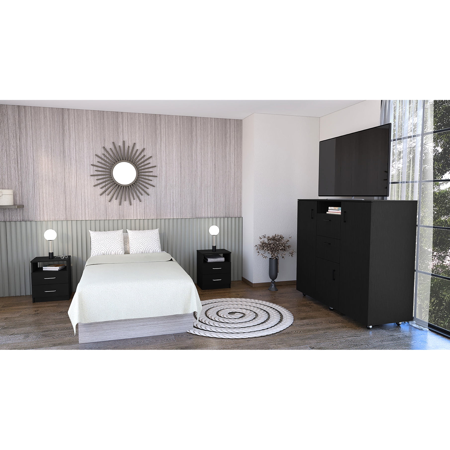 3 Piece Bedroom Furniture Set, Black - Easy Assembly with Interlocking ...