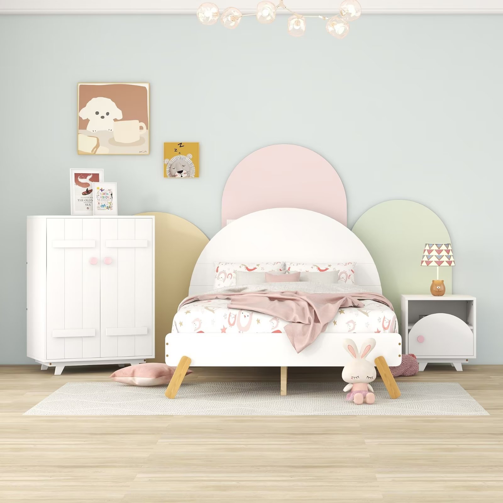 3-Piece Bedroom Furniture Set, Full Size Platform Bed Frame with Cute ...