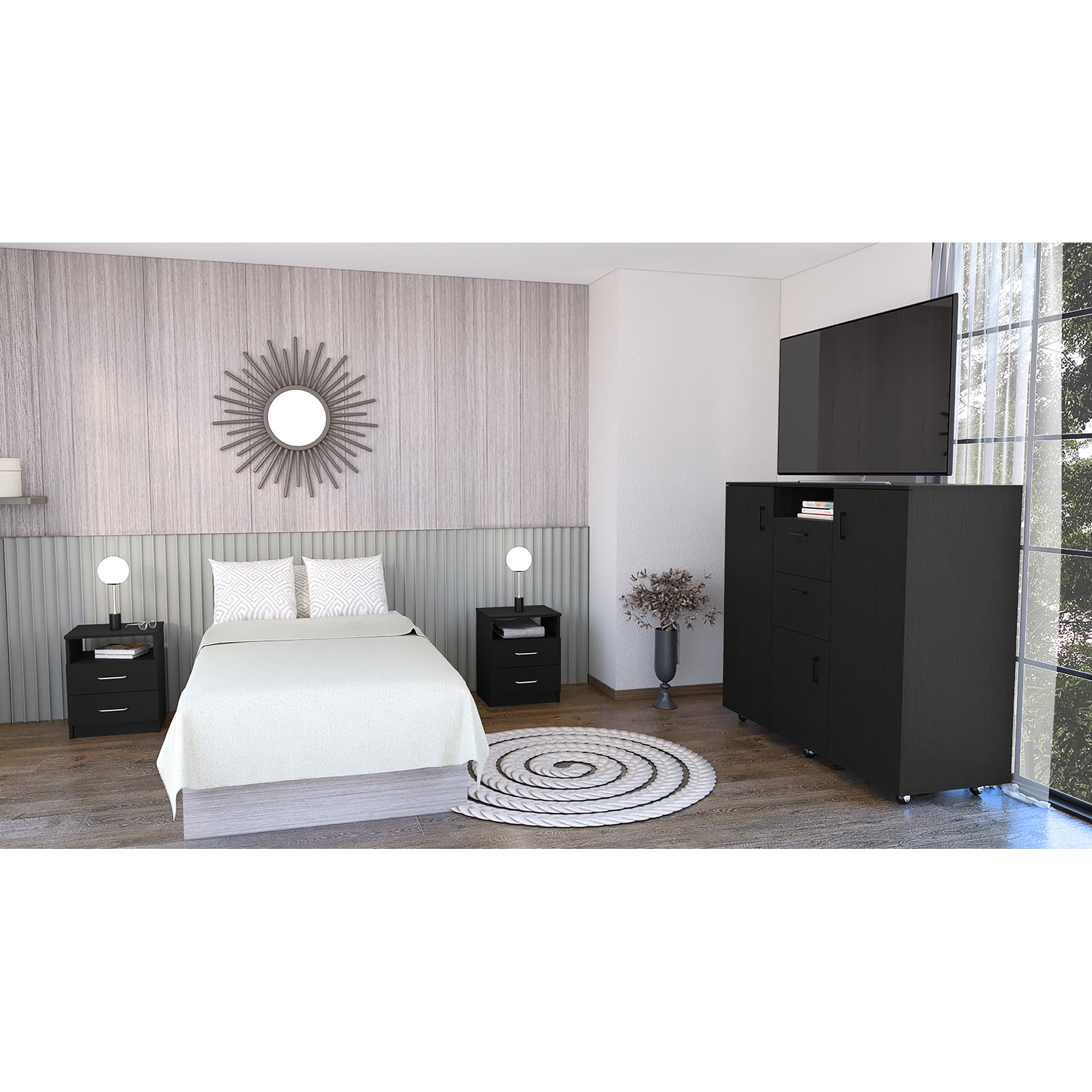 3 Piece Bedroom In Black: Cabinet & 2 Nightstands, With Intuitive ...