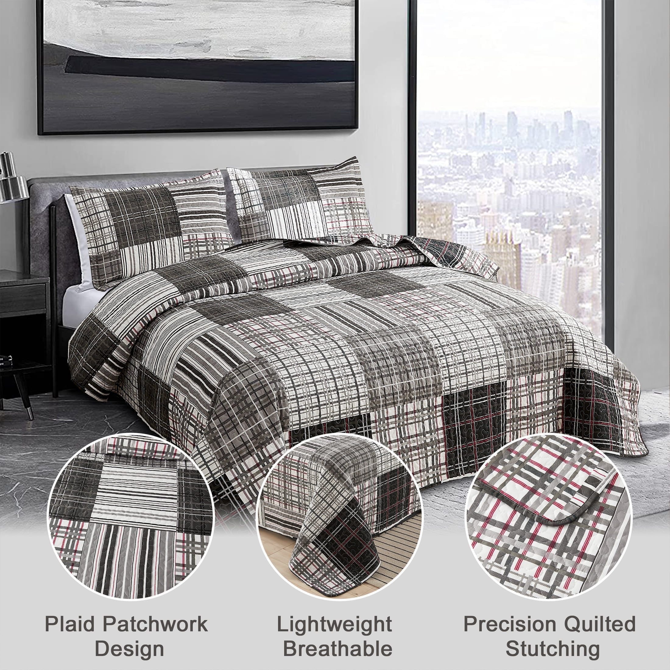 3 Piece Bedspread Set King Size Quilt Home Collection Modern Plaid ...