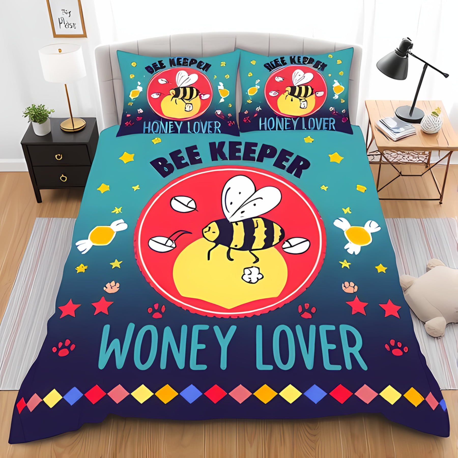 3-Piece Bee & Honey Duvet Cover Set - Vibrant Cartoon Bee Design Cozy ...