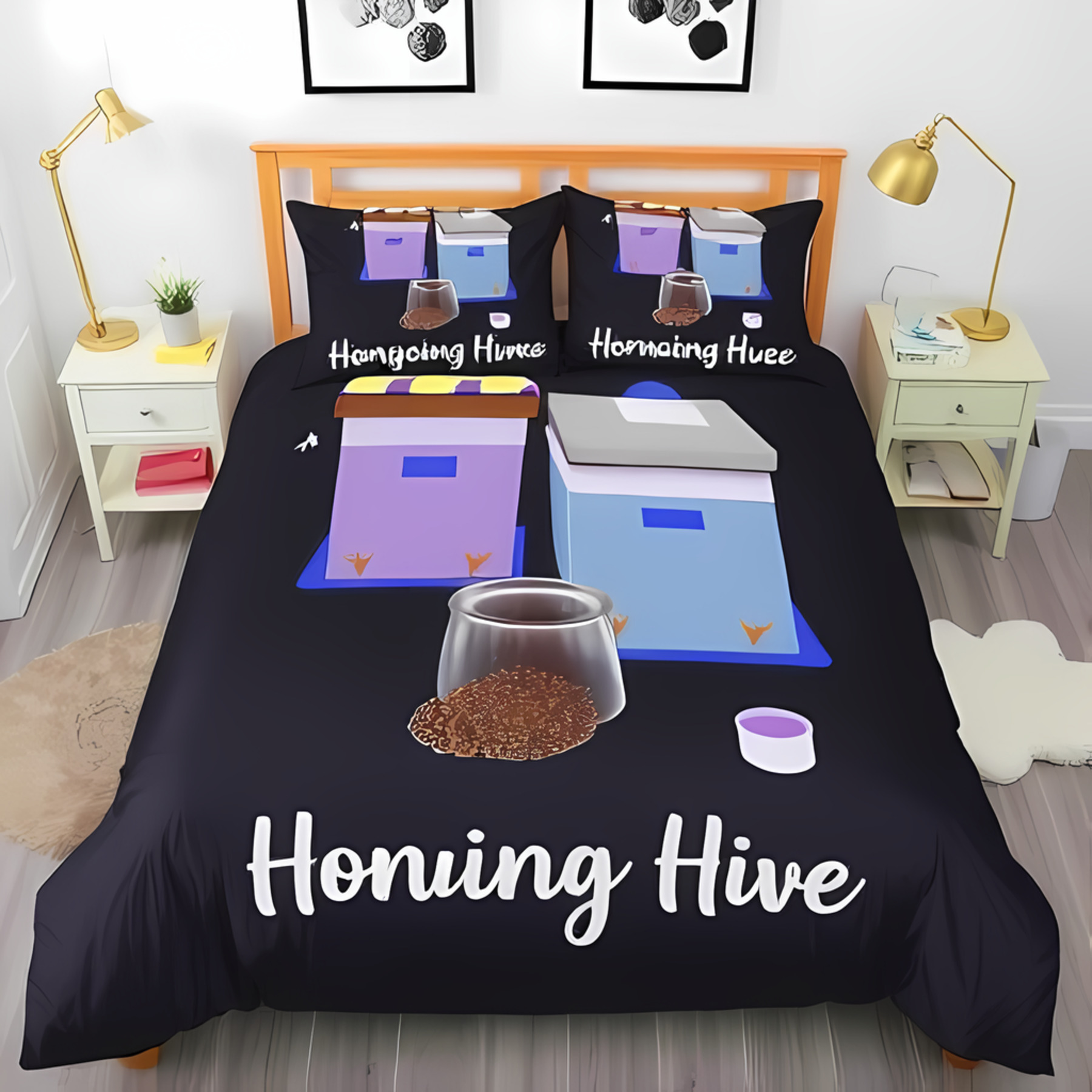 3-Piece Bee Themed Duvet Cover Set - Black with Whimsical Bee Hives ...