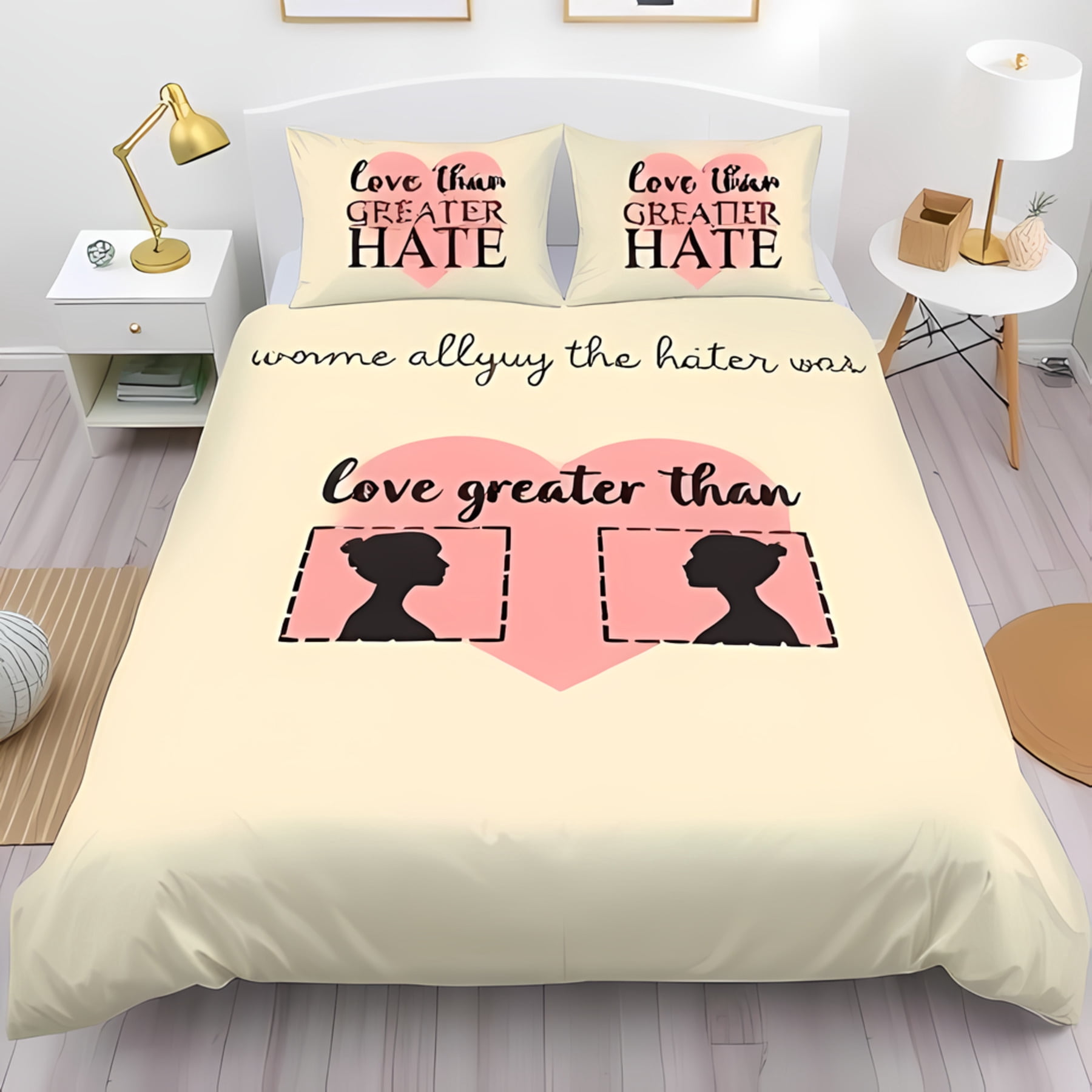 3-Piece Beige Duvet Cover Set with Heart Design & Inspirational Text ...