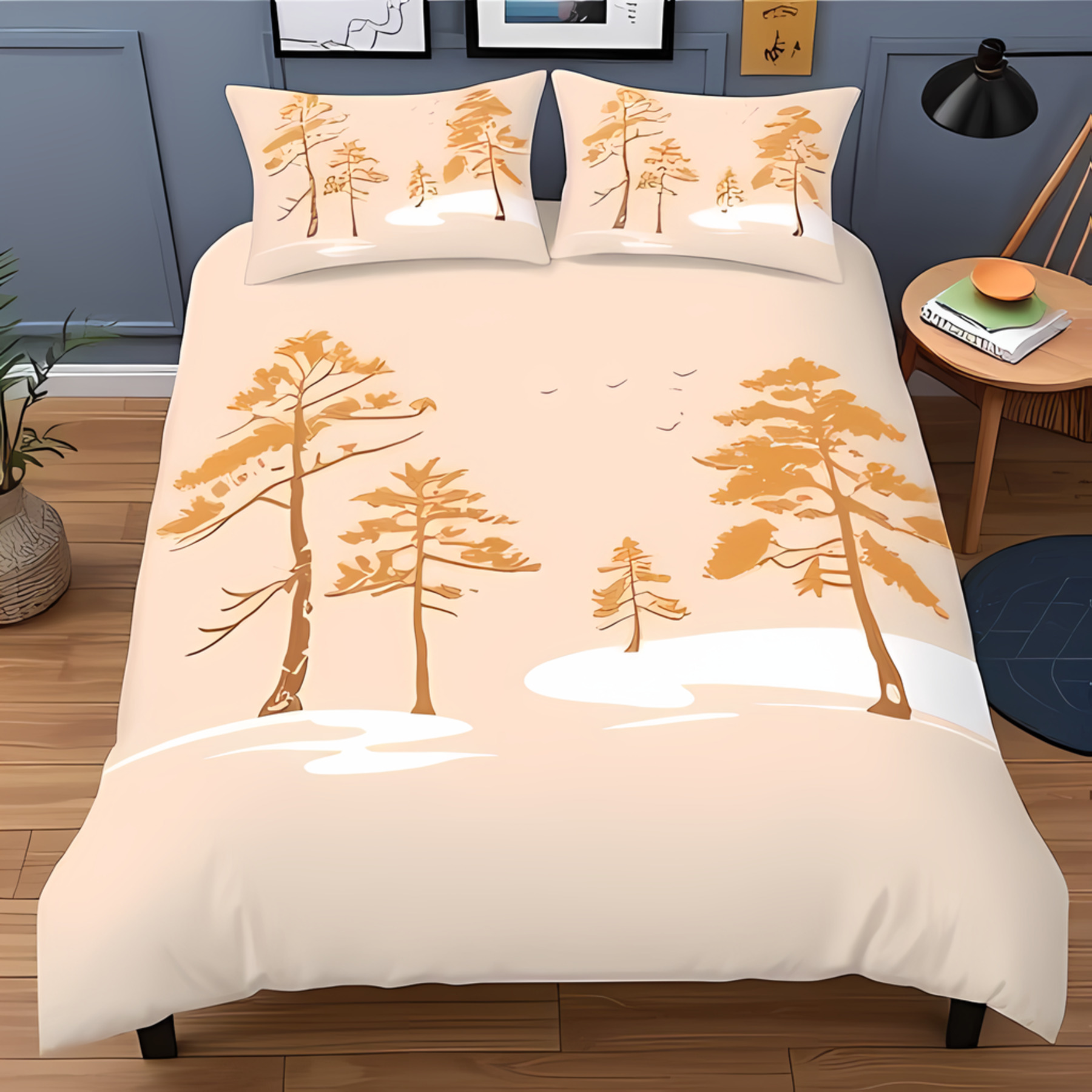 3-Piece Beige Duvet Cover Set with Minimalist Orange Tree Design - Soft ...
