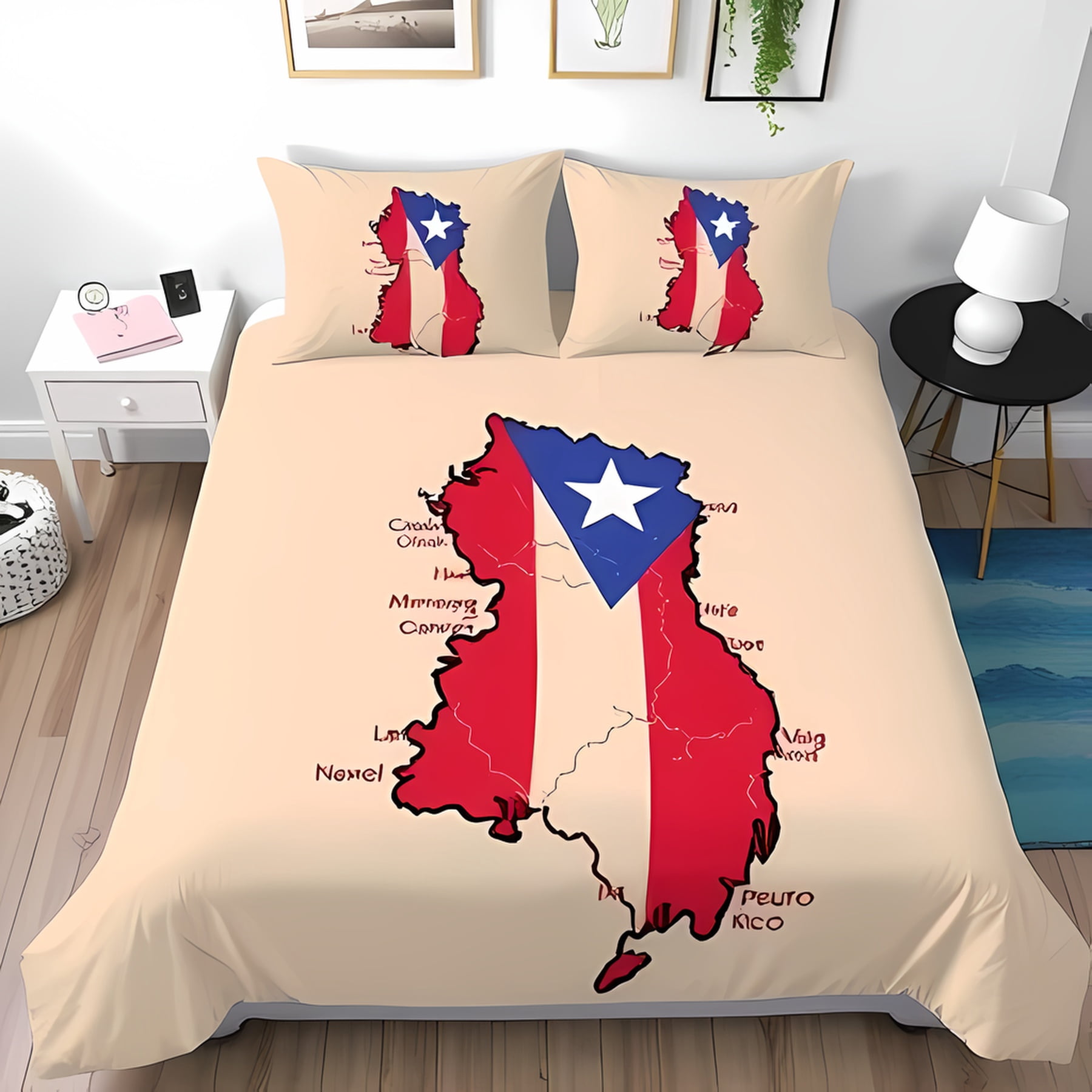 3-Piece Beige Duvet Cover Set with Puerto Rico Map & Flag Design ...