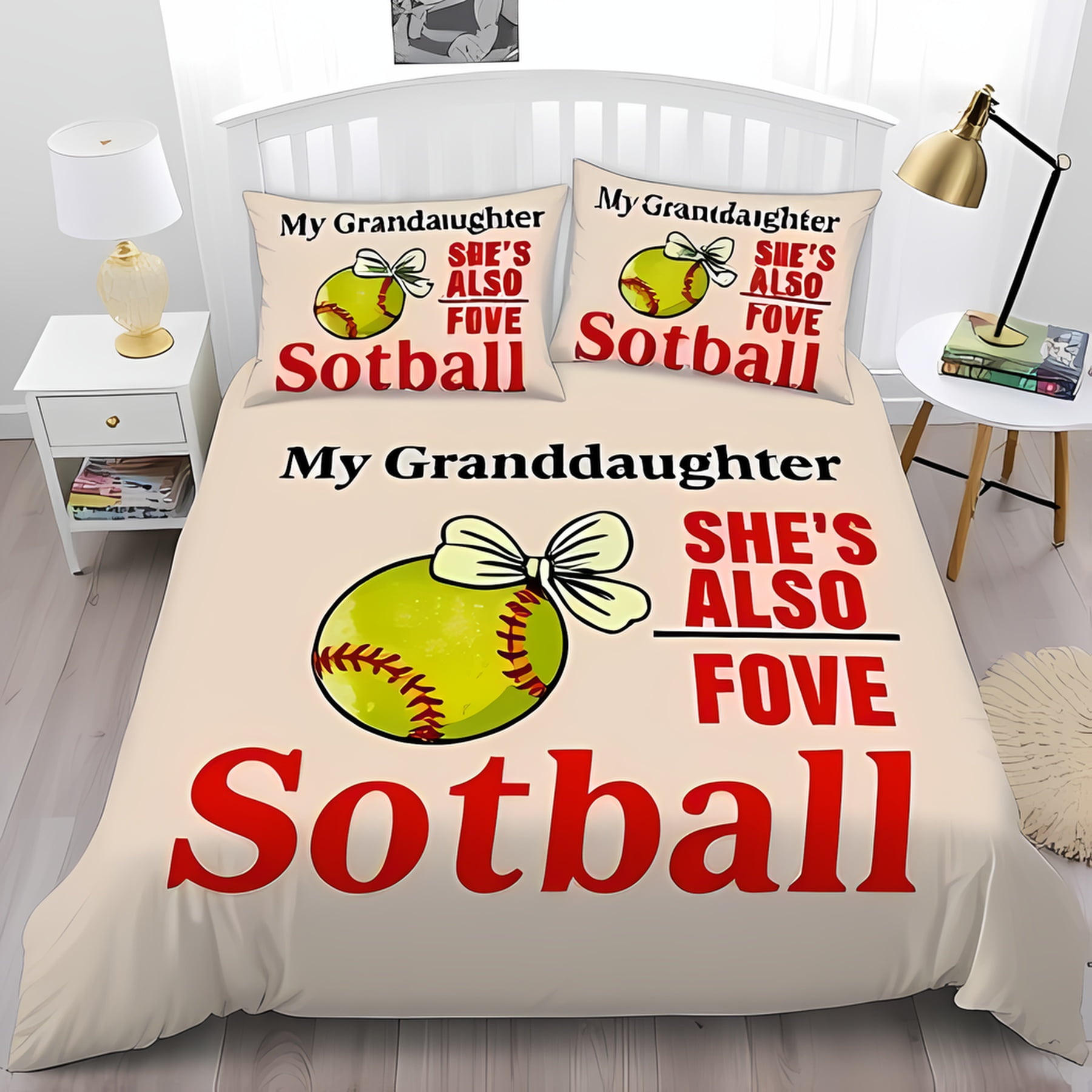 3-Piece Beige Softball Comforter Set with Bow & "My Granddaughter She's ...