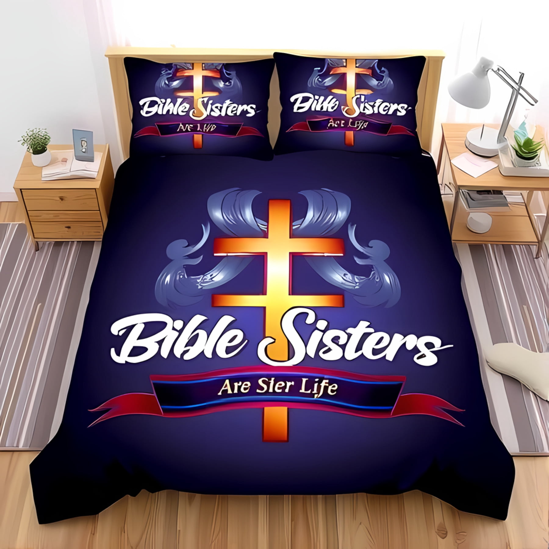 3-Piece Bible Sisters Duvet Cover Set with Cross Design in Blue ...