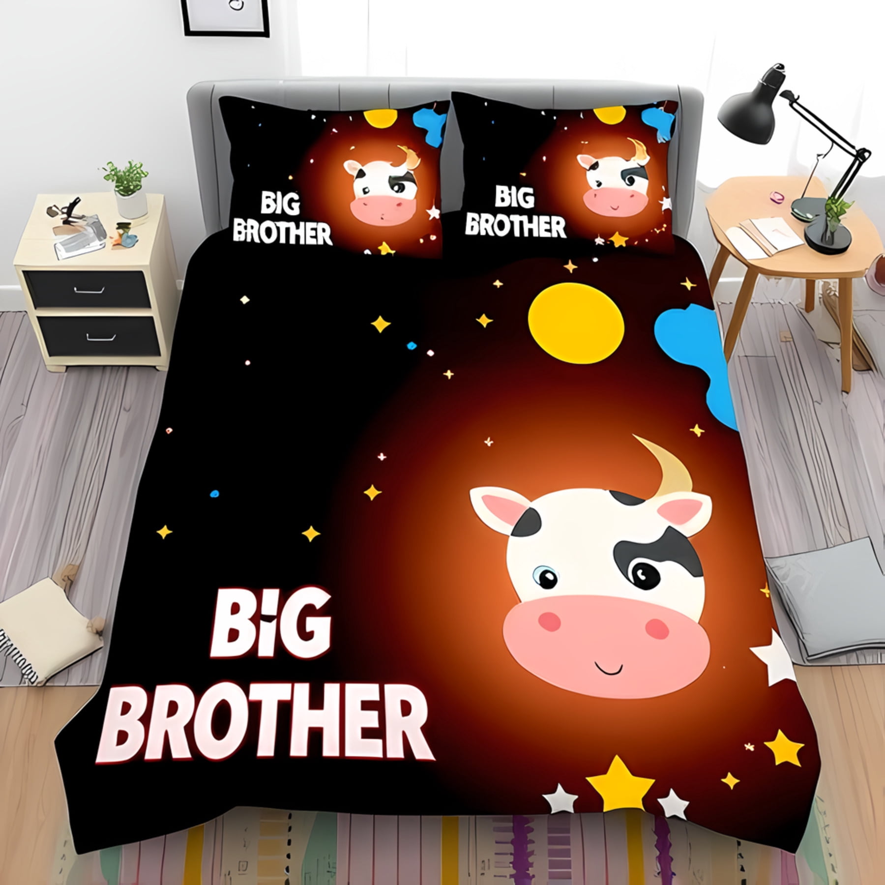 3-Piece Big Brother Duvet Cover Set Playful Cow Design with Starry ...