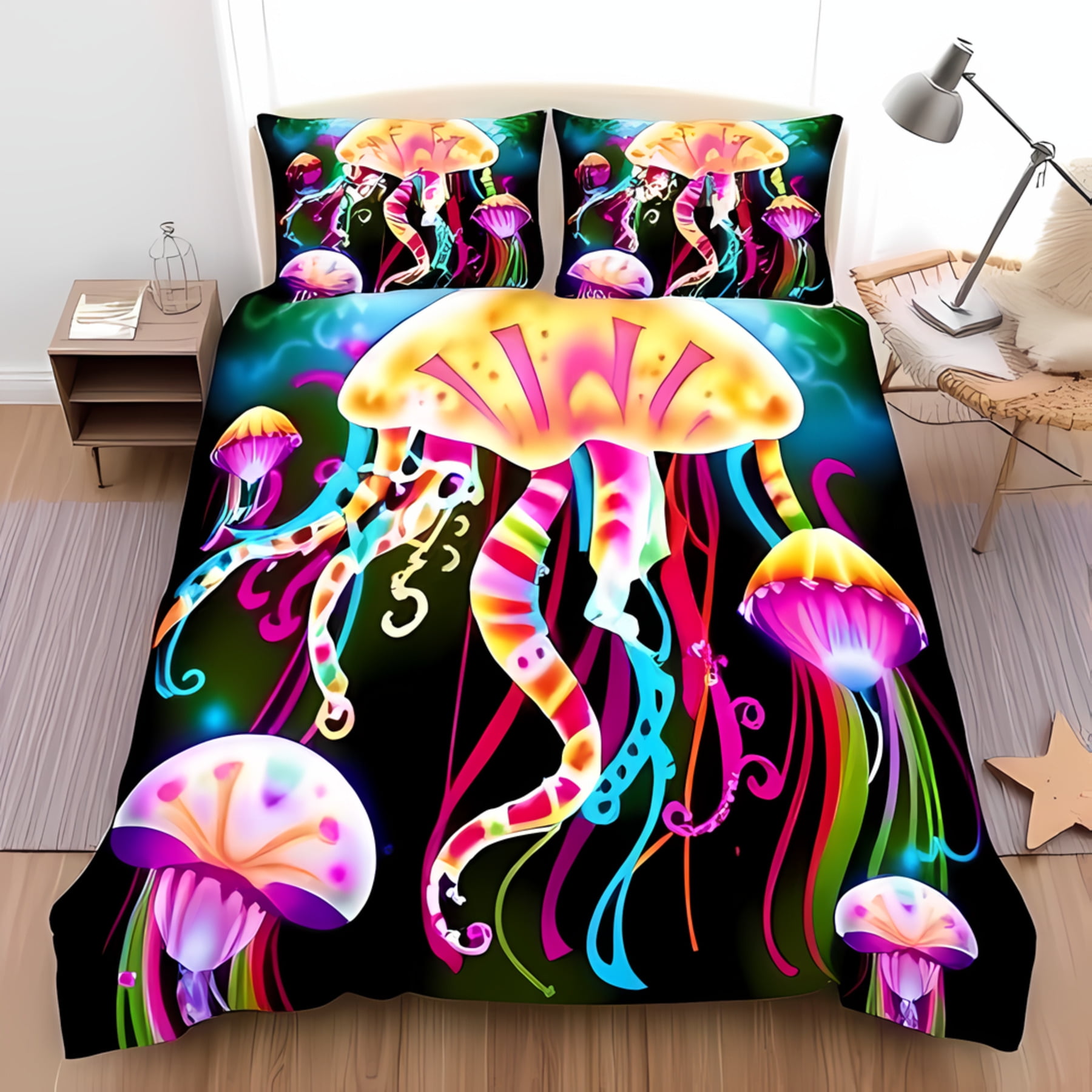 3-Piece Bioluminescent Jellyfish Duvet Cover Set - Vibrant Colorful ...