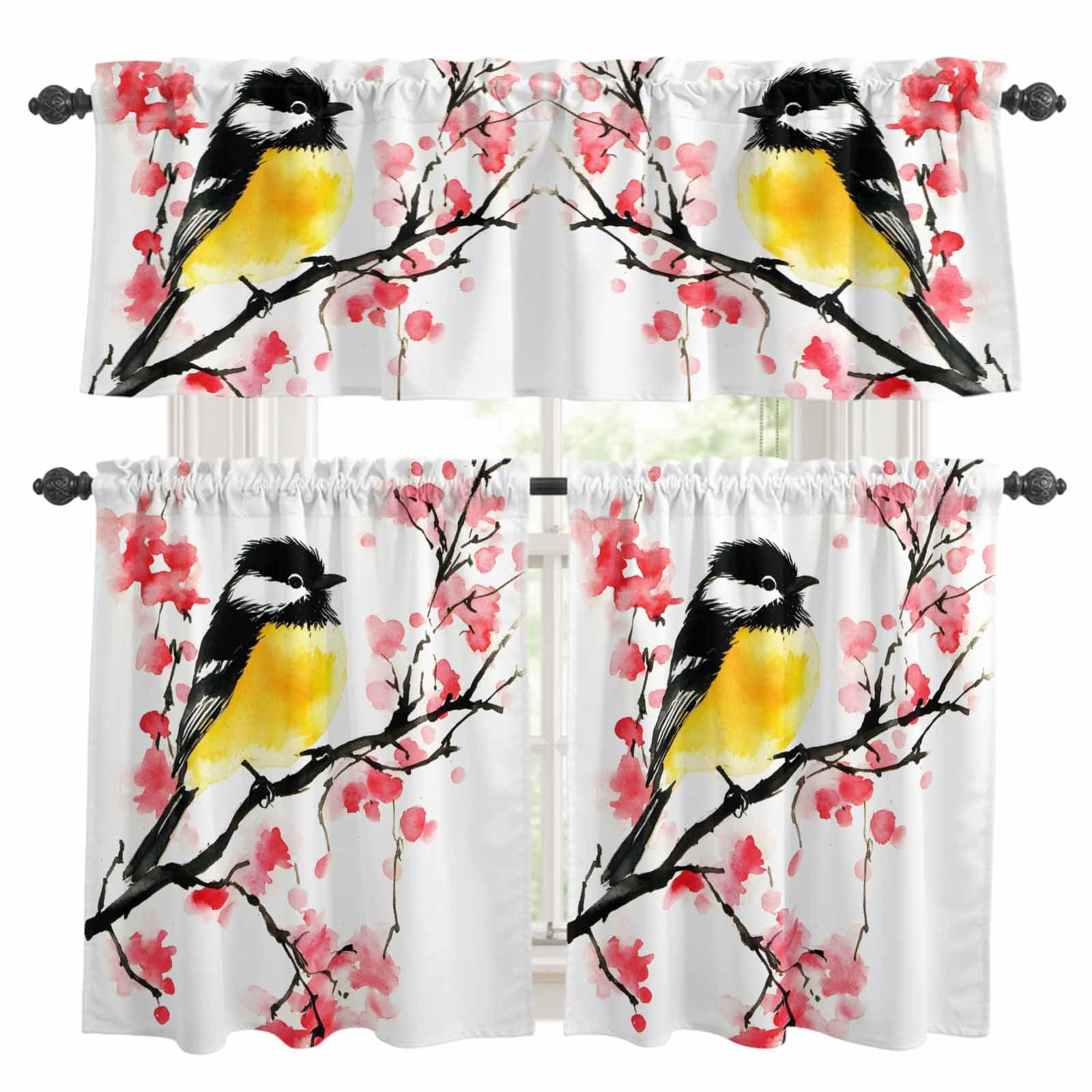 3 Piece Bird Peach Blossom Kitchen Curtain Valance and Tiers Set ...