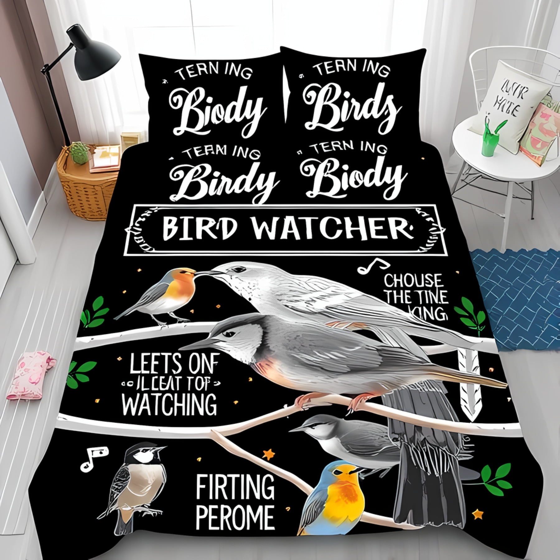 3-Piece Bird Watcher Duvet Cover Set - Colorful Bird Illustrations ...