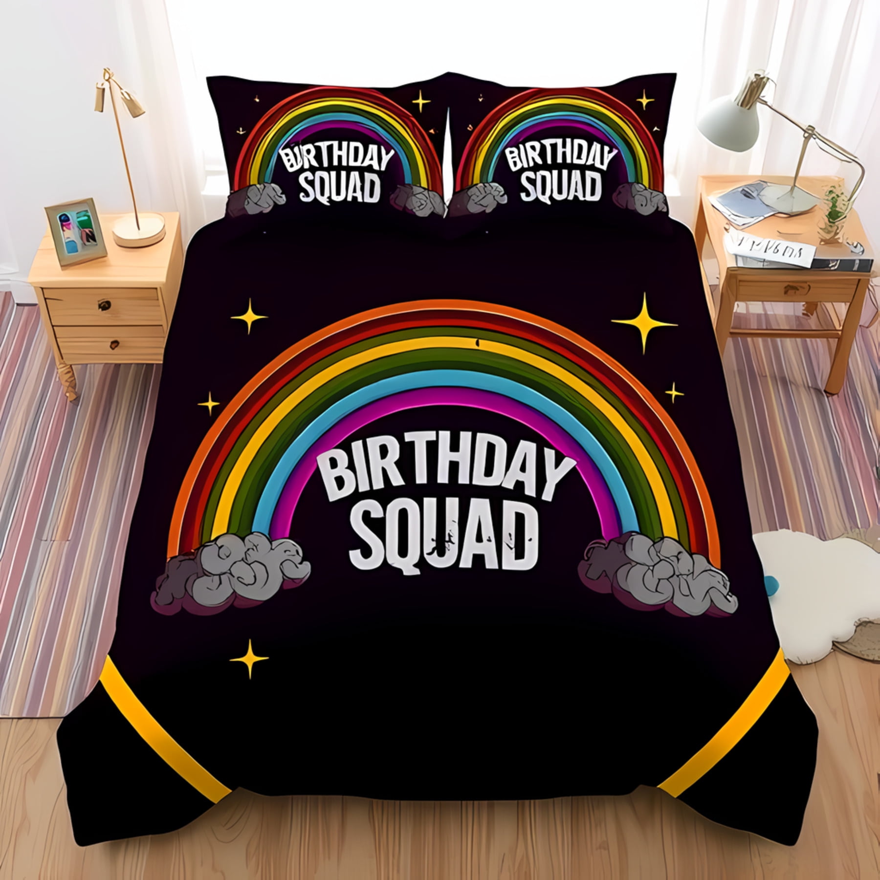 3-Piece Birthday Squad Duvet Cover Set - Black Background with Rainbow ...