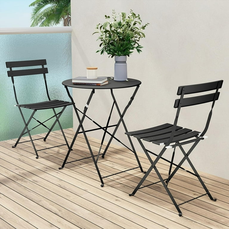 3 Piece Bistro Set Folding Outdoor Furniture Sets with Premium Steel Frame Portable Design for Bistro Balcony Black