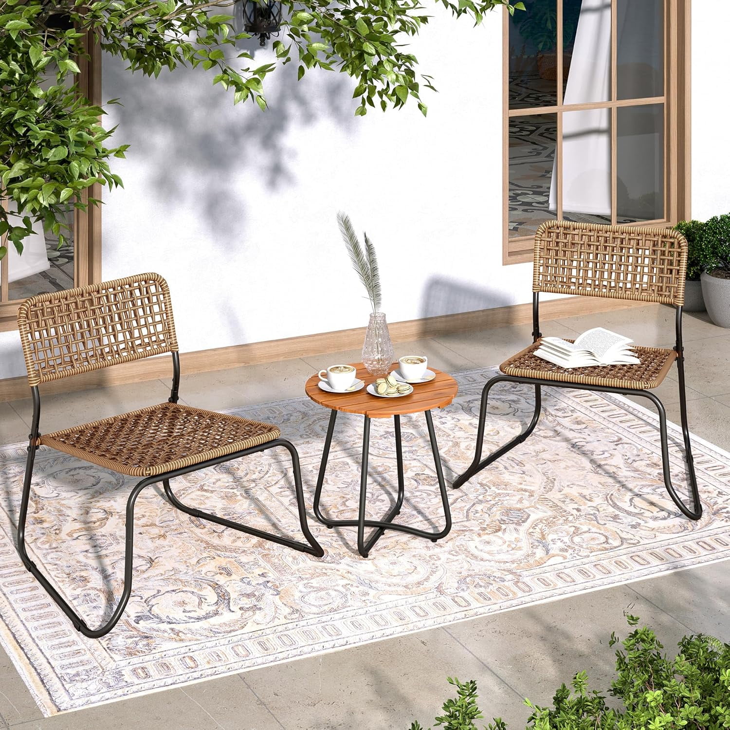 3-Piece Bistro Set - Stackable PE Rattan Chairs & Acacia Wood Table ...