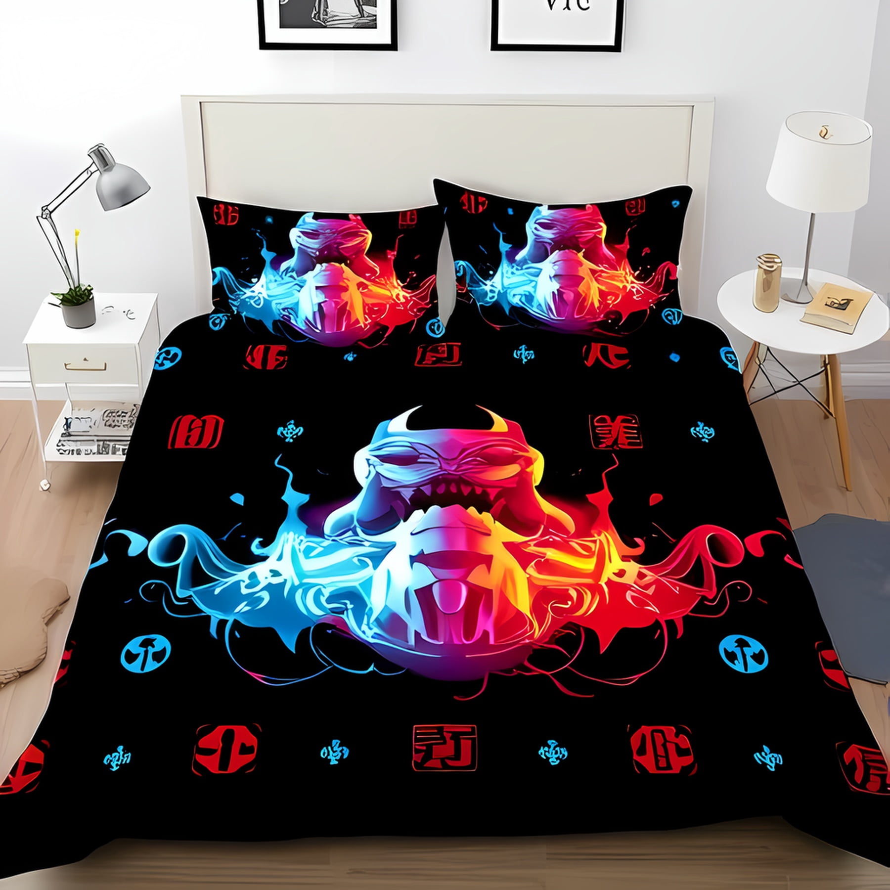 3-Piece Black Bedding Set with Demonic Face Design & Japanese ...