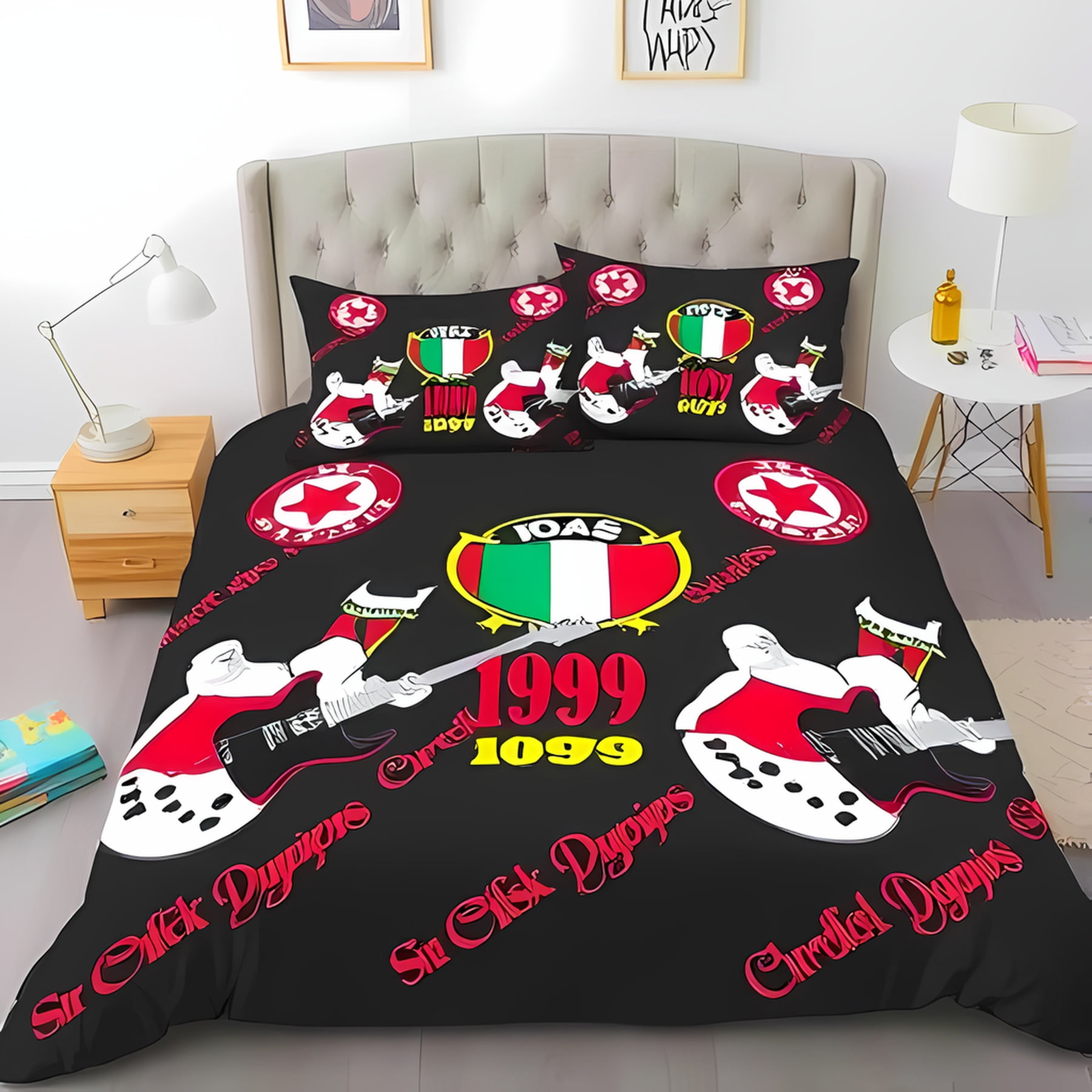 3-Piece Black Bedding Set with Electric Guitar Design Red & Green ...
