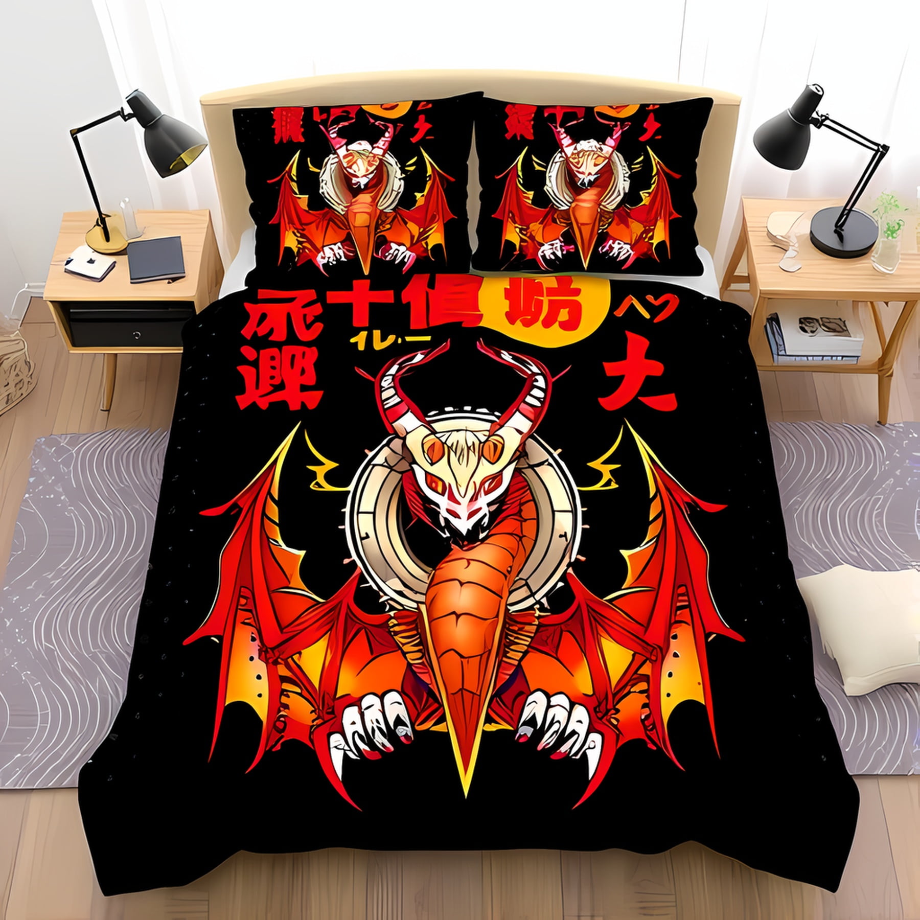 3-Piece Black Bedding Set with Vibrant Orange Dragon Design & Kanji ...