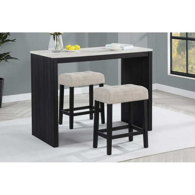 3-Piece Black/Beige Faux Marble Finish Counter Height Set, Tufted Seat ...