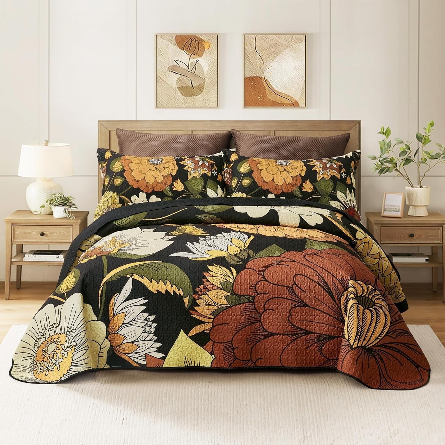 Tyrot, 3 Piece Black Boho Floral Quilt Set, 90"x96", Full/Queen ...