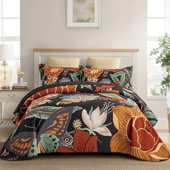 3 Piece Black Boho Floral King Size Quilt Sets Reversible Farmhouse ...