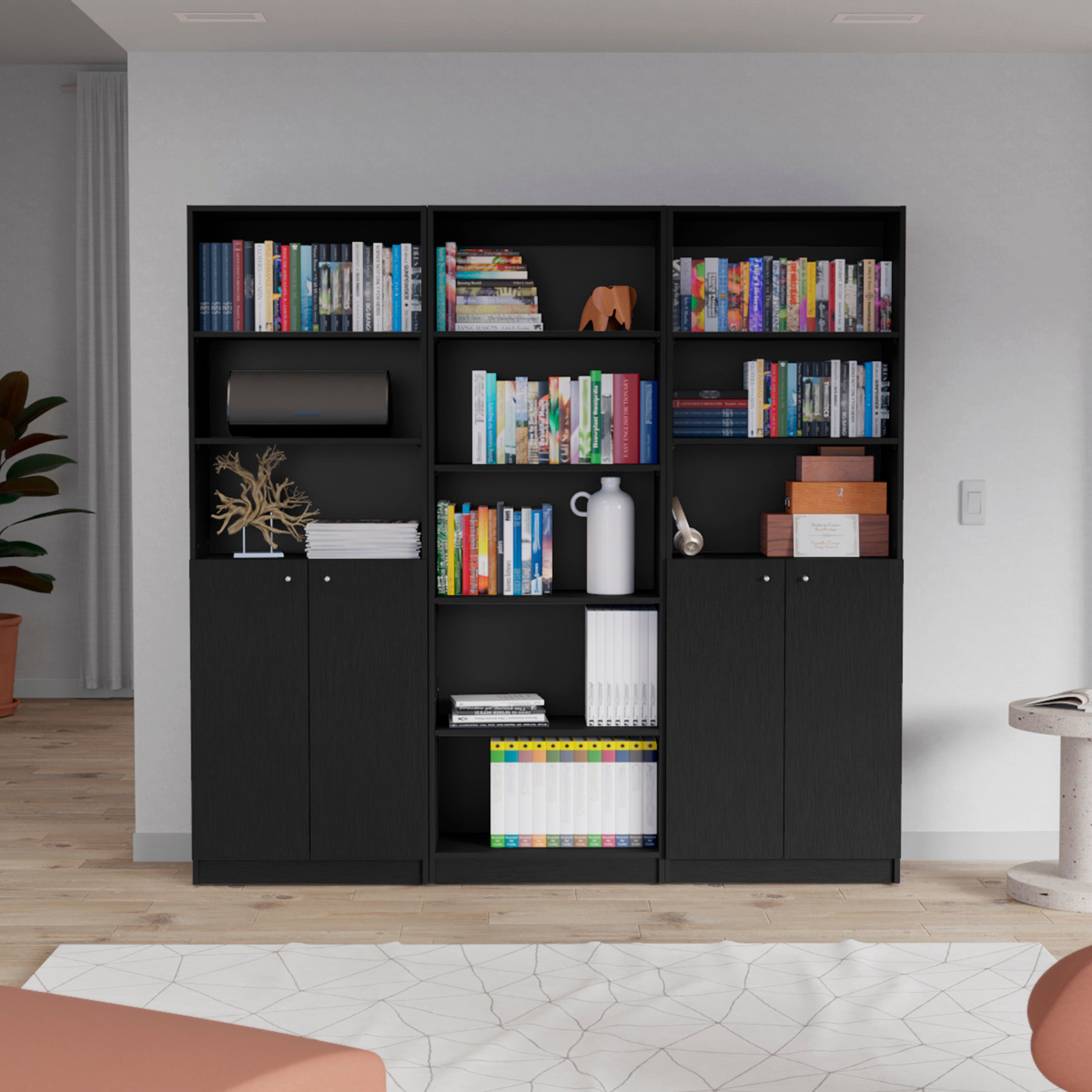 3-Piece Black Bookcase Set for Living Room - Modern Wood Shelving with ...