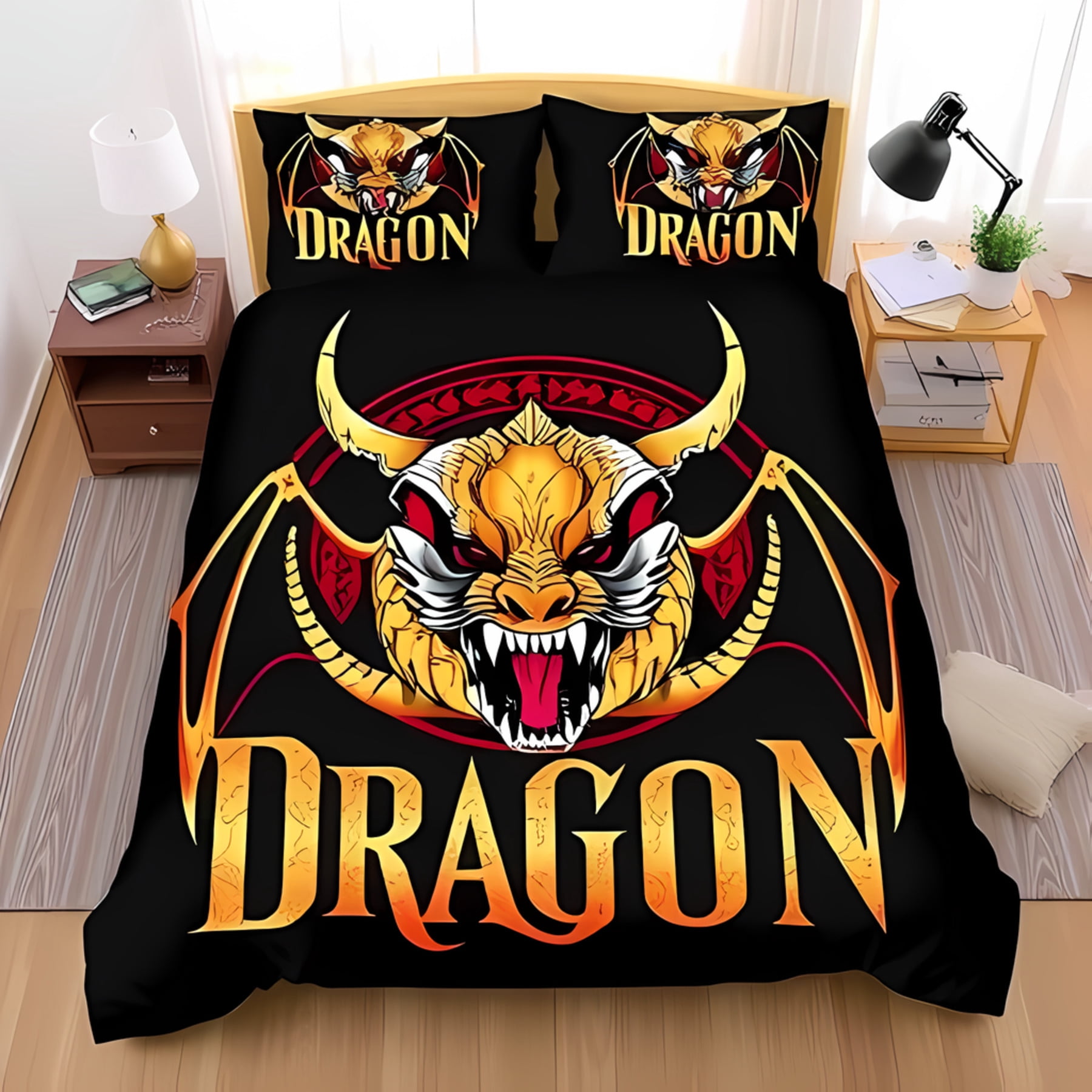 3-Piece Black Dragon Duvet Cover Set Fiery Orange Accents Perfect for ...