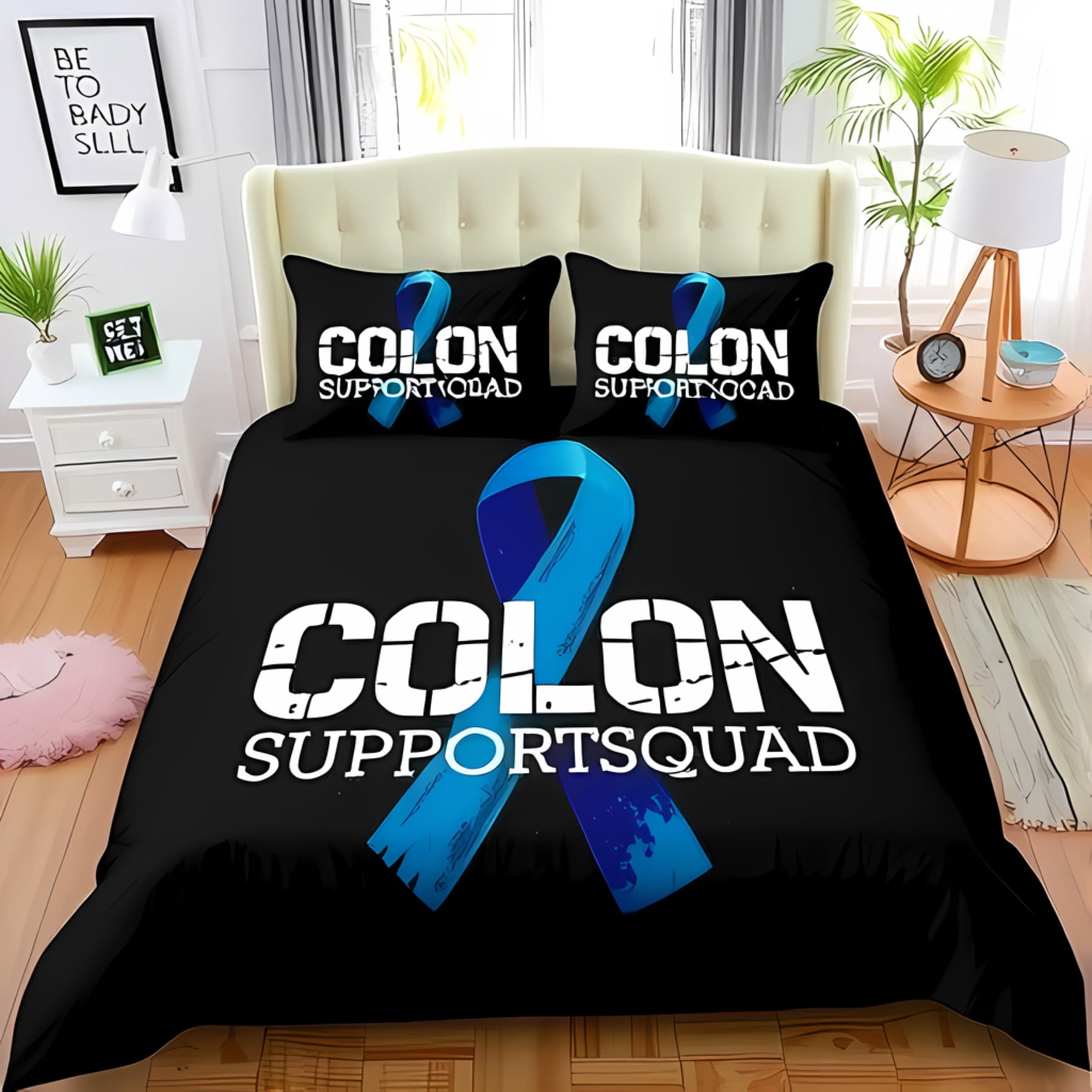 3-Piece Black Duvet Cover Set with Large Blue Ribbon & " COLON ...