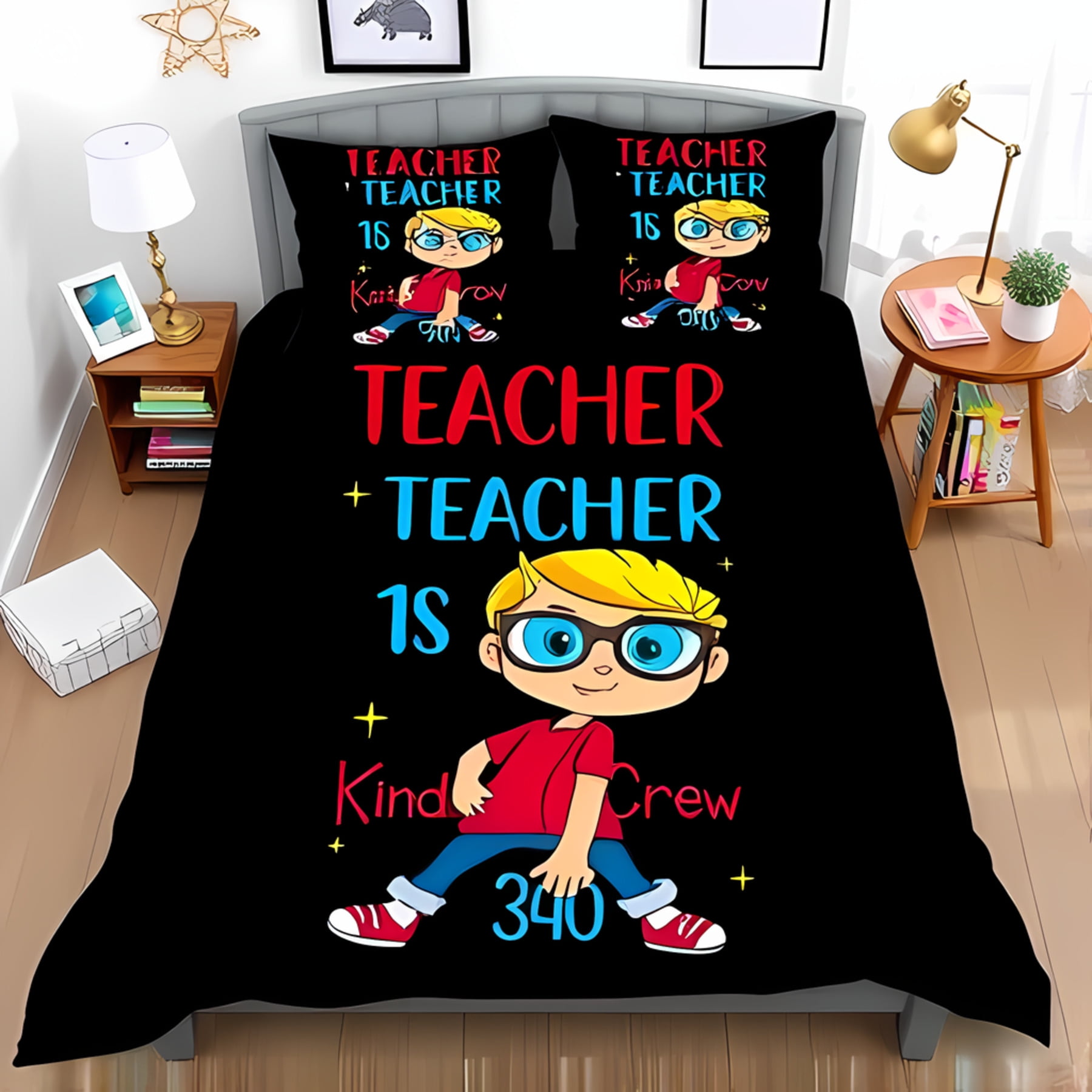 3-Piece Black Duvet Cover Set with Playful Teacher Design - Cartoon Boy ...