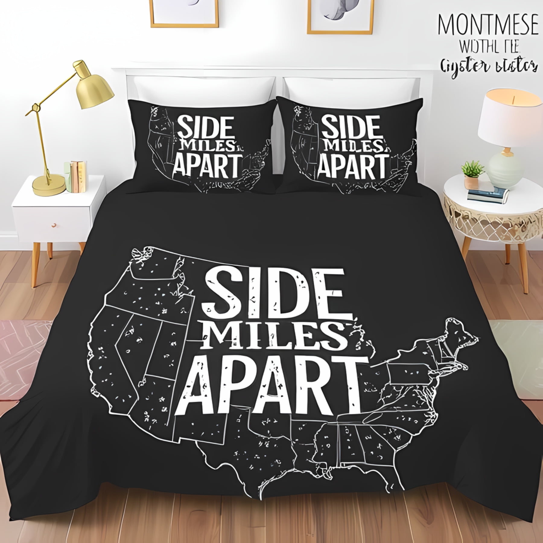 3-Piece Black Duvet Cover Set with Artistic USA Design - "SIDE MILES ...