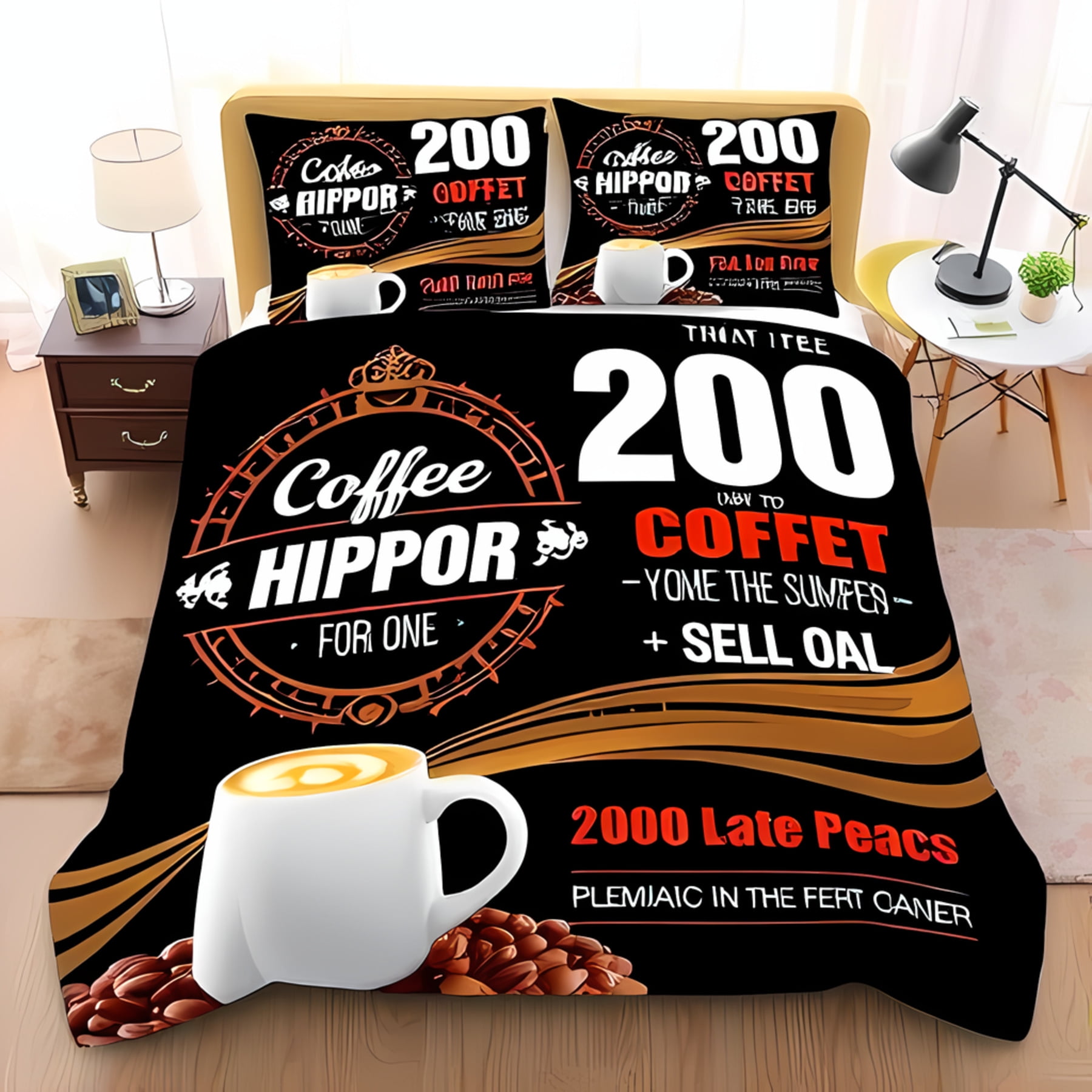 3-Piece Black Duvet Cover Set with Bold '200 Coffee Hippon' Graphic ...