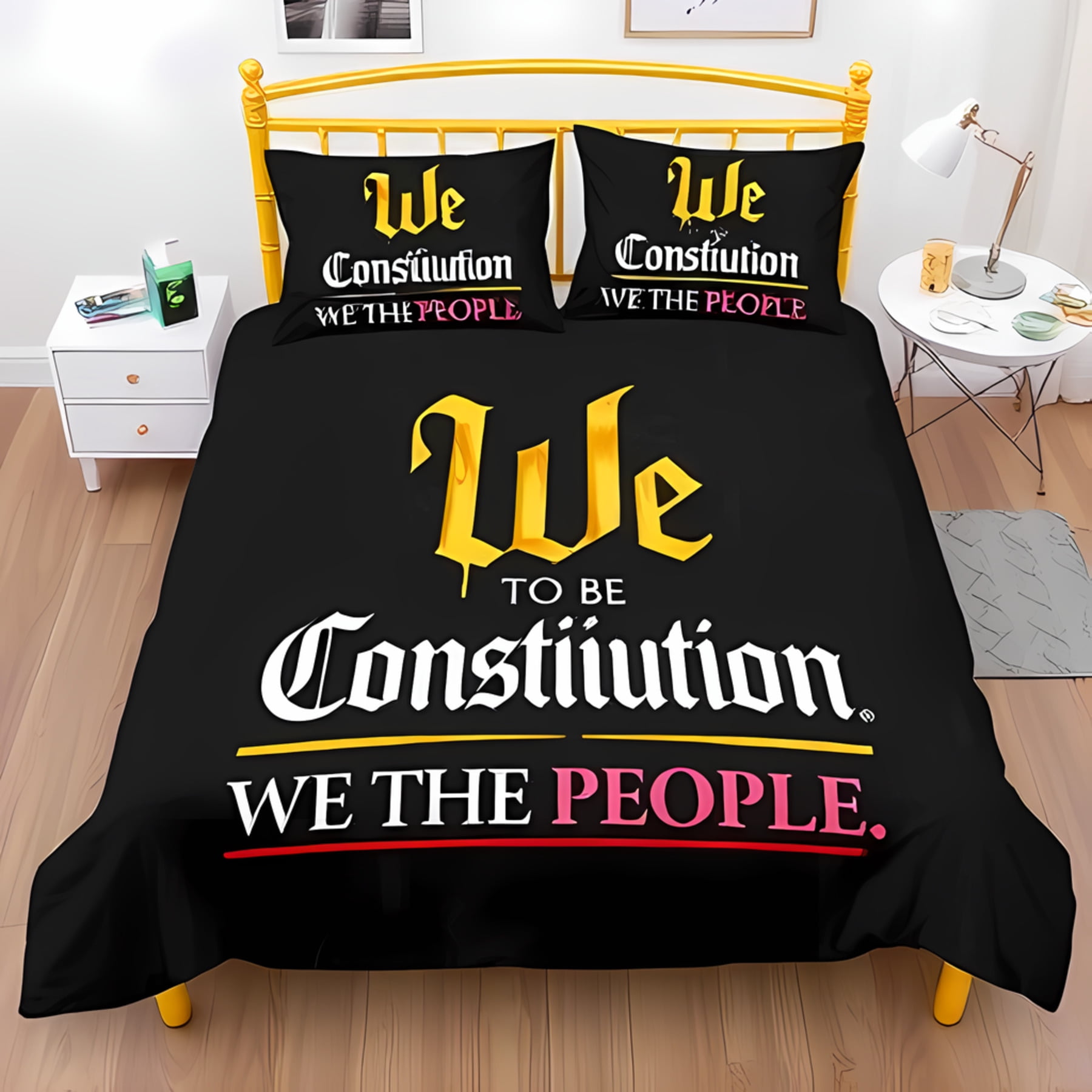 3-Piece Black Duvet Cover Set with Bold Gold Graffiti Text " We the ...
