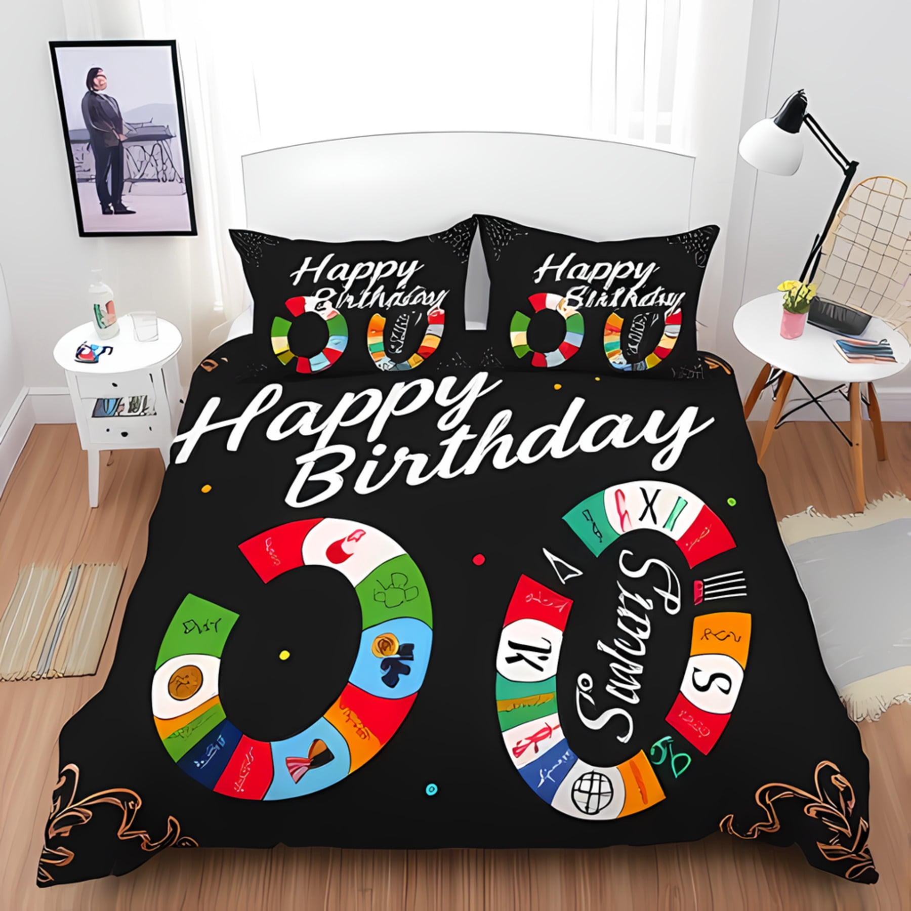 3-Piece Black Duvet Cover Set with Bold 'Happy Birthday' Design ...